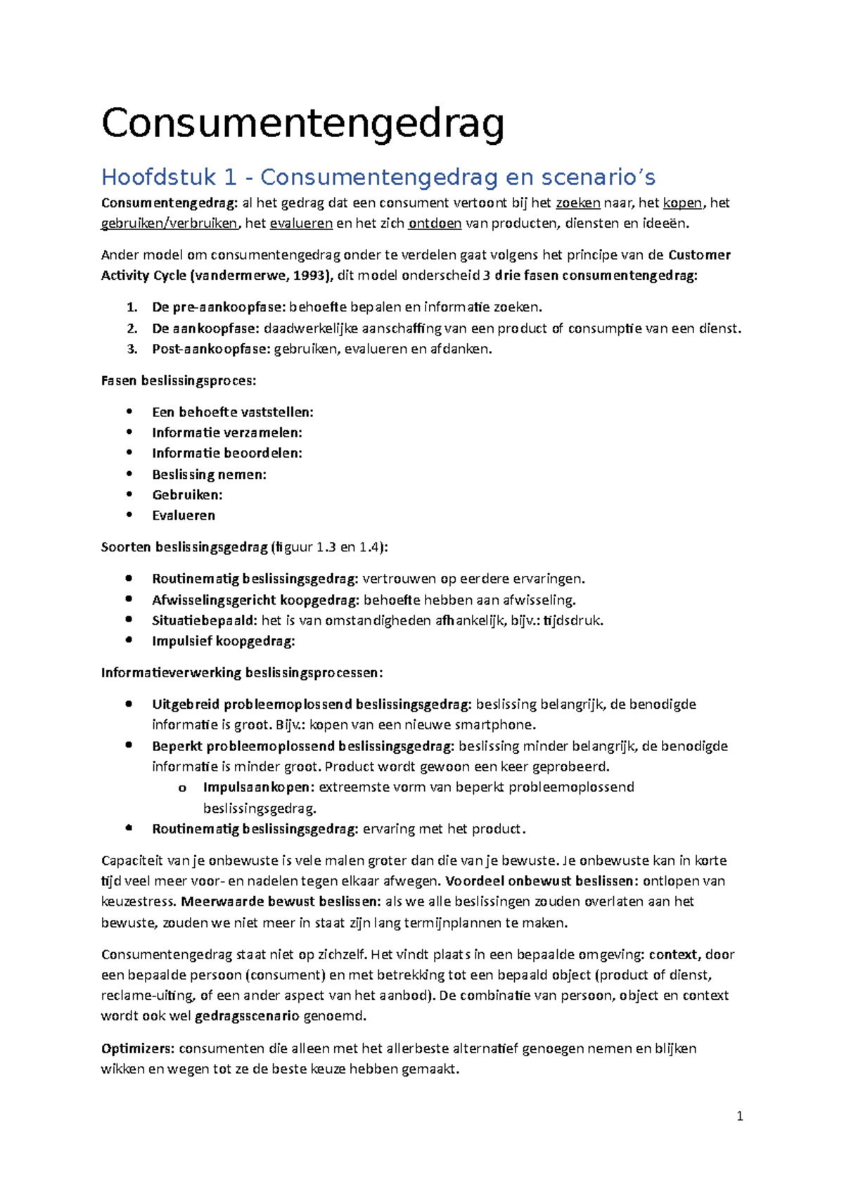 Consumentengedrag - Jaar 1 CE - Samenvatting - Consumentengedrag Hoofdstuk 1 Consumentengedrag ...