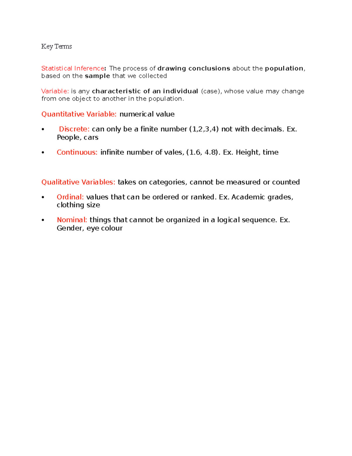 Stats key terms - notes. - Key Terms Statistical Inference: The process ...