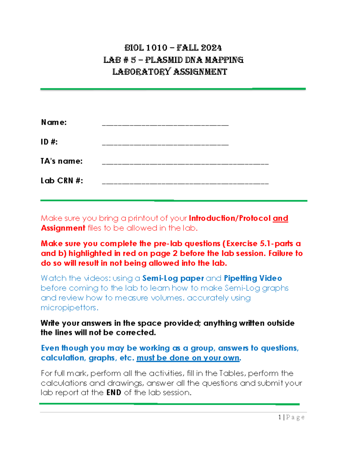 Lab 5 - Lab Assignment - F2024 - BIOL 1010 – FALL 2024 LAB # 5 – PLASMID DNA MAPPING LABORATORY ...