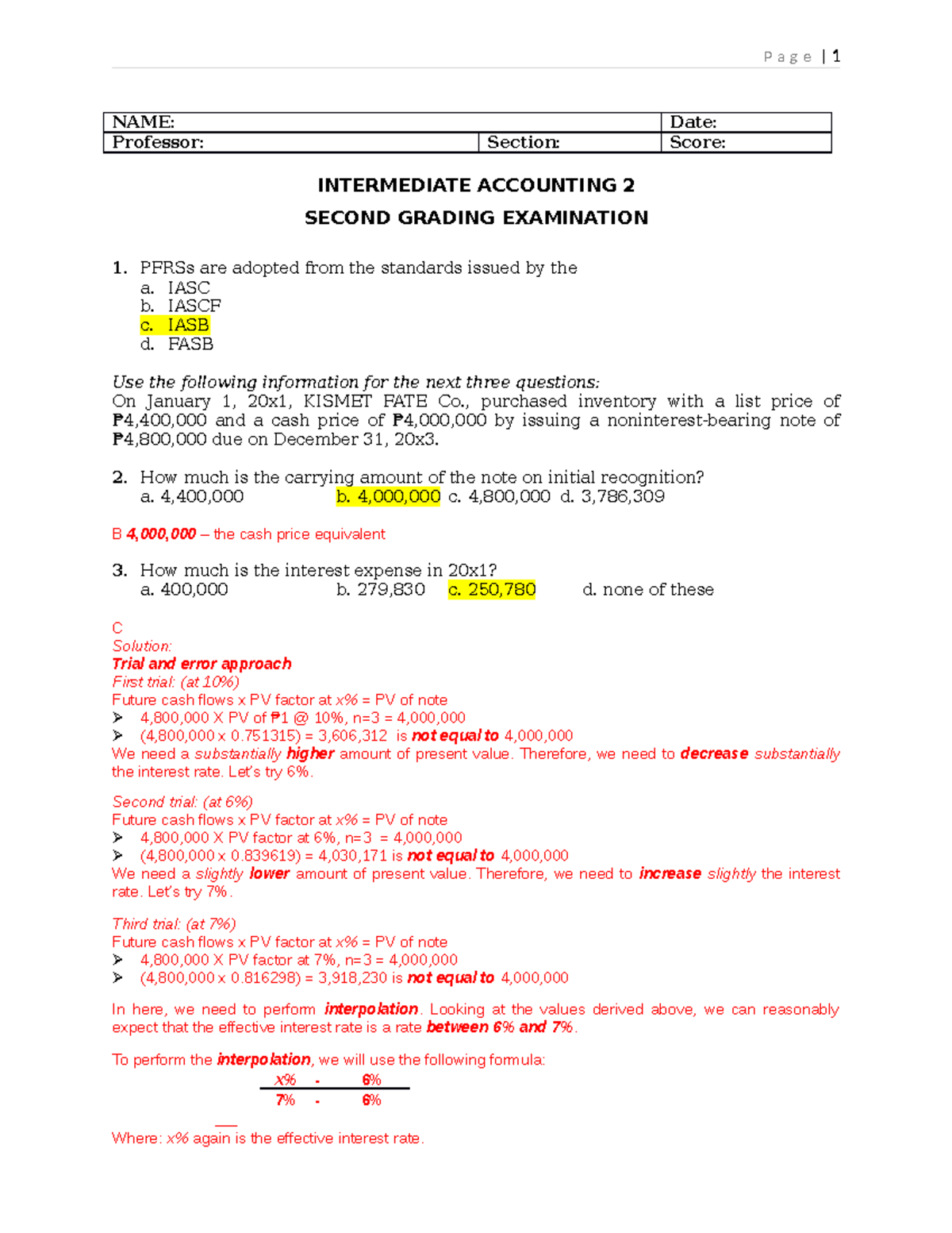 2ND Grading EXAM KEY Answers - Page NAME: Professor: Date: Score ...