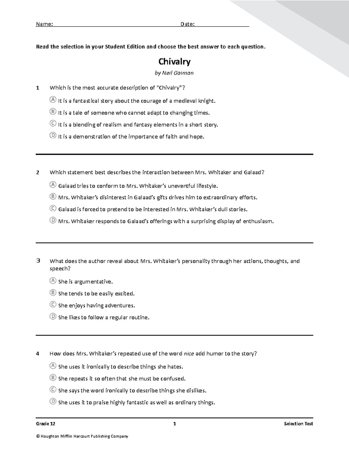 Chilvary - Name: Date: Test Read the selection in your Student Edition ...
