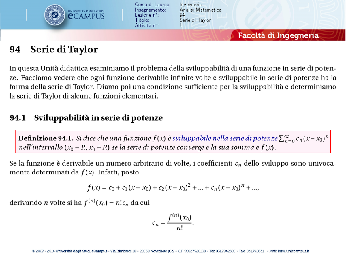 Lez.94 serie di Taylor - Appunti di lezione 94 - Corso di Laurea: Insegnamento: Lezione n ...