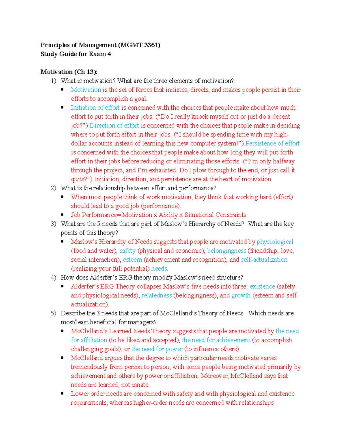 Exam 4 Guide - Principles of Management (MGMT 3361) Study Guide for ...