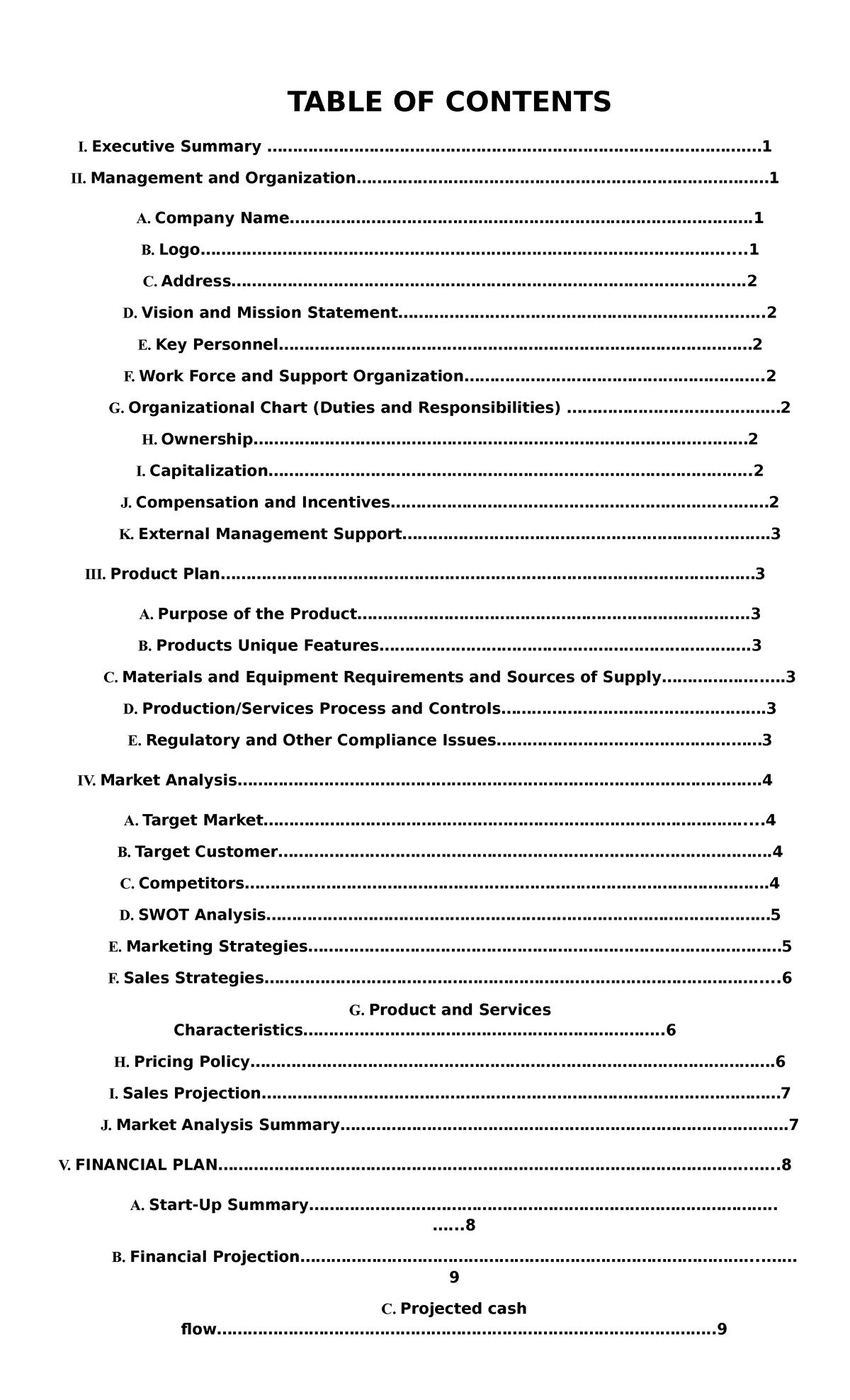 cover page to entrep - TABLE OF CONTENTS - I. Executive Summary - Studocu