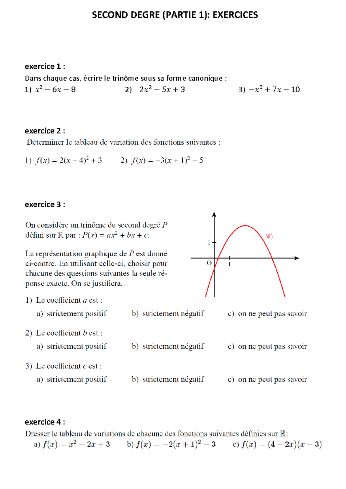 Exercices second degré (partie 1) 2023-2024 - Mathématiques - SECOND ...