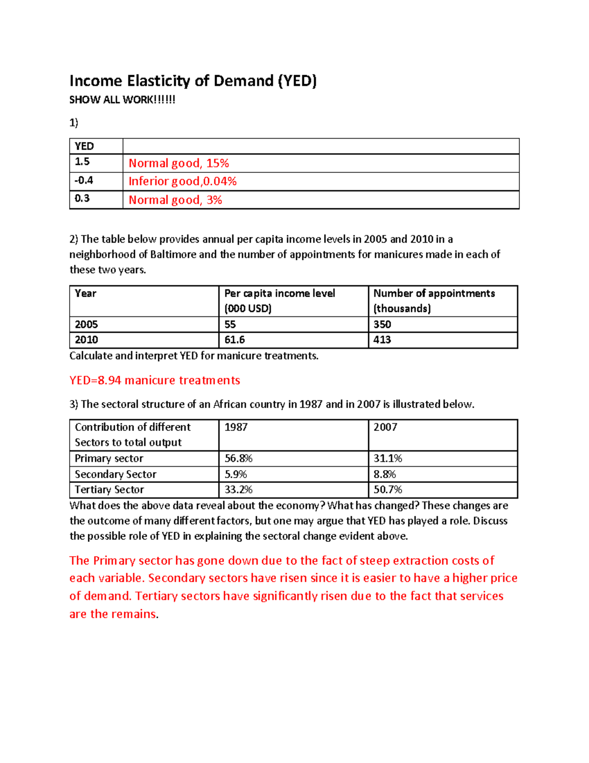 Yed for economics - Income Elasticity of Demand (YED) SHOW ALL WORK ...