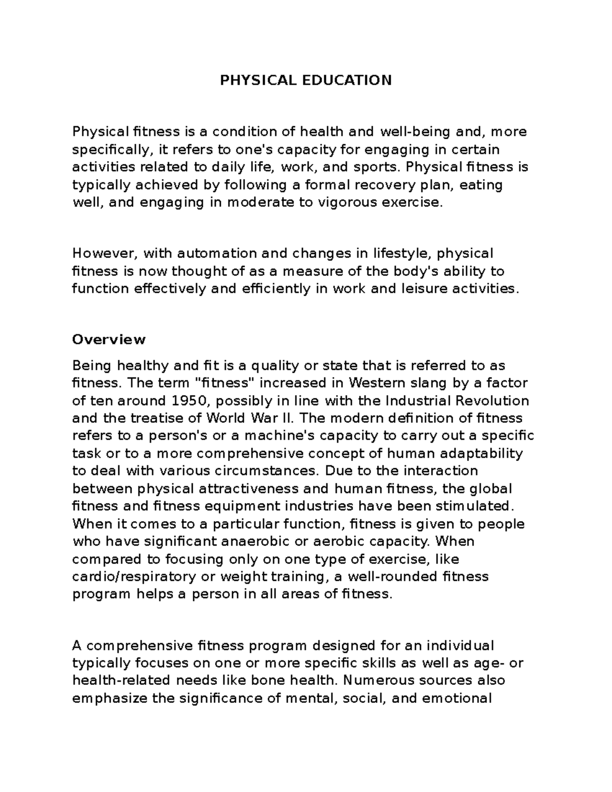 Physical Education - PHYSICAL EDUCATION Physical fitness is a condition ...