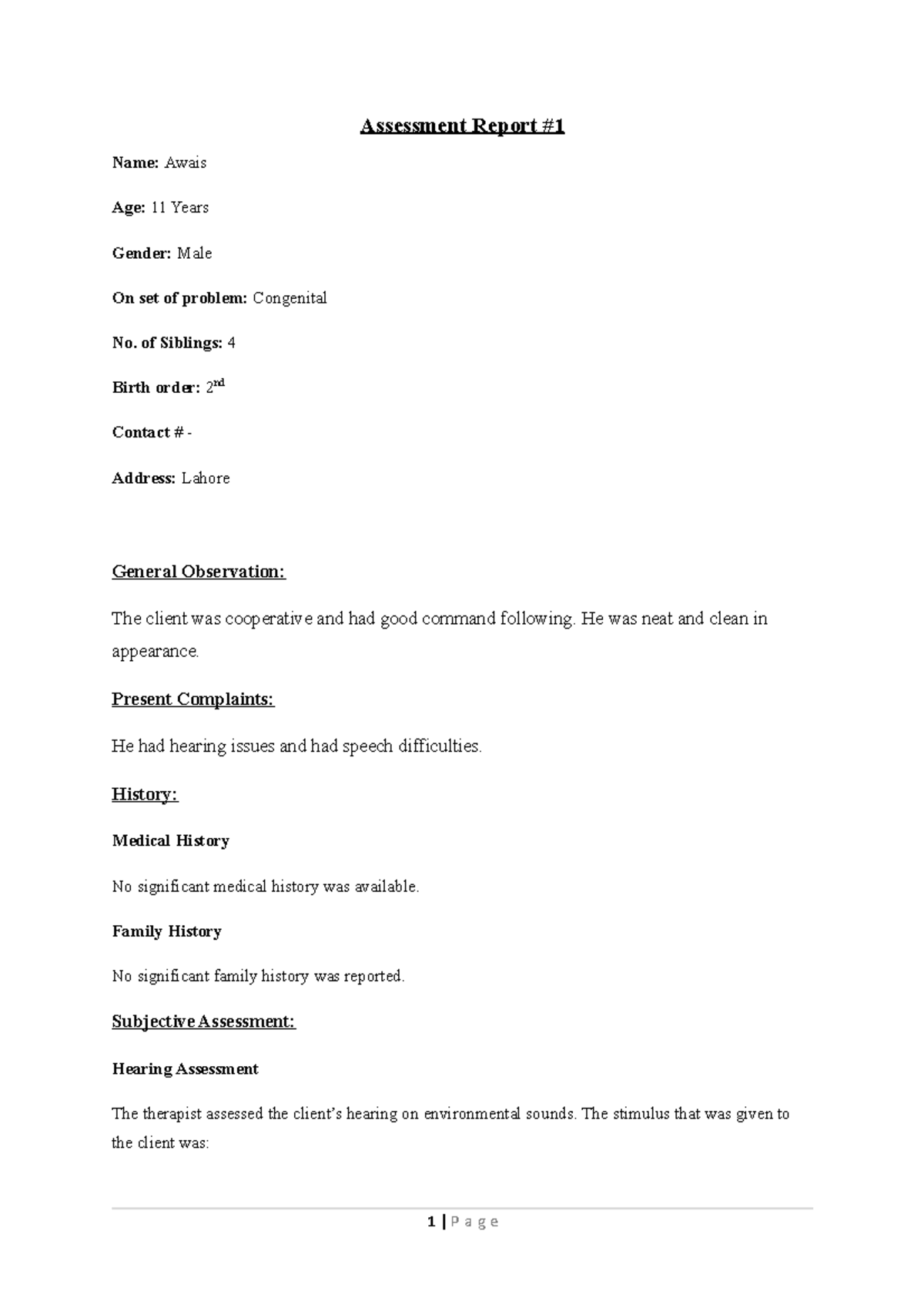 Ali's Final Assessment - Assessment Report Name: Awais Age: 11 Years ...