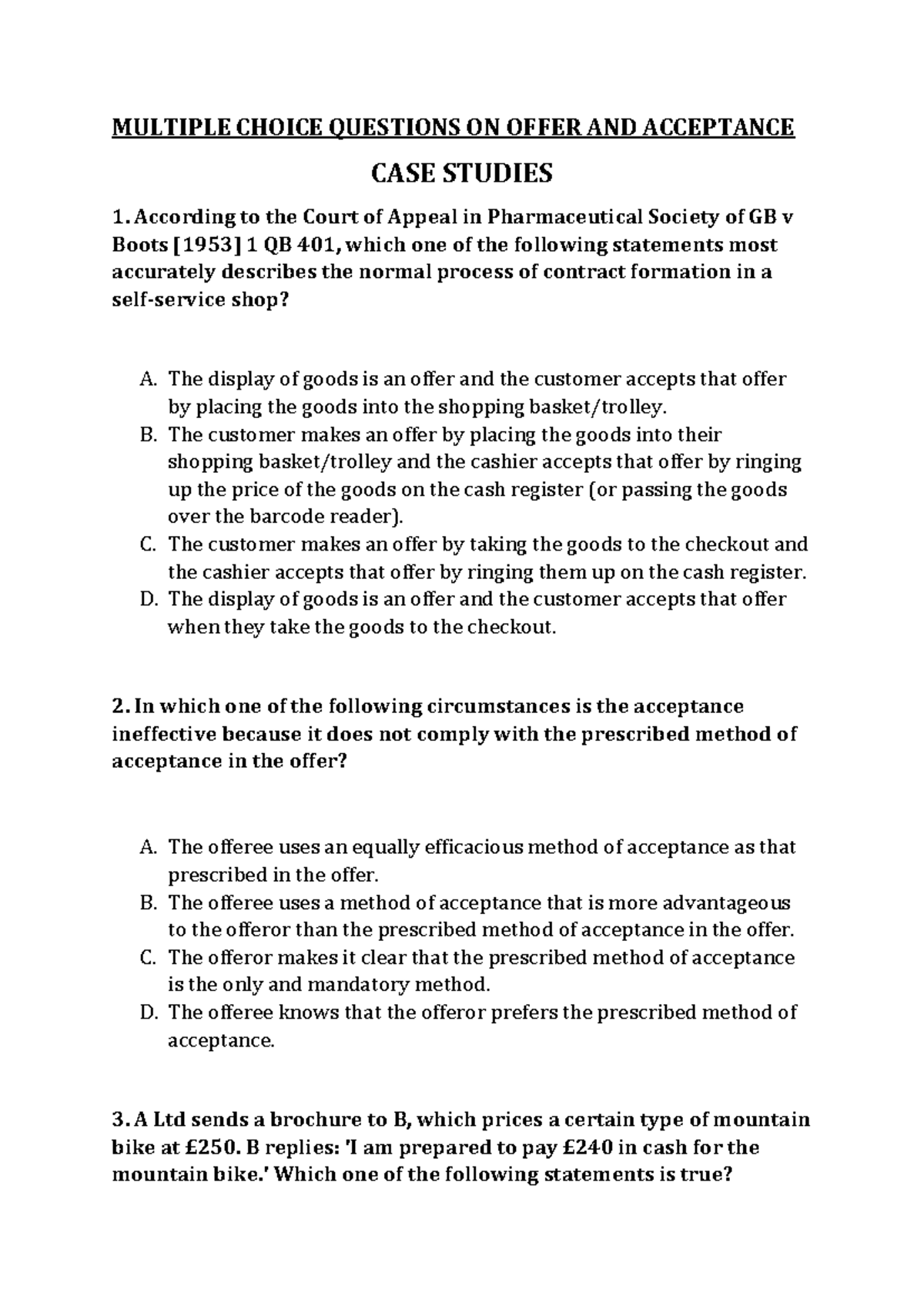 Multiple Choice Questions ON Offer AND Acceptance CASE Studies ...