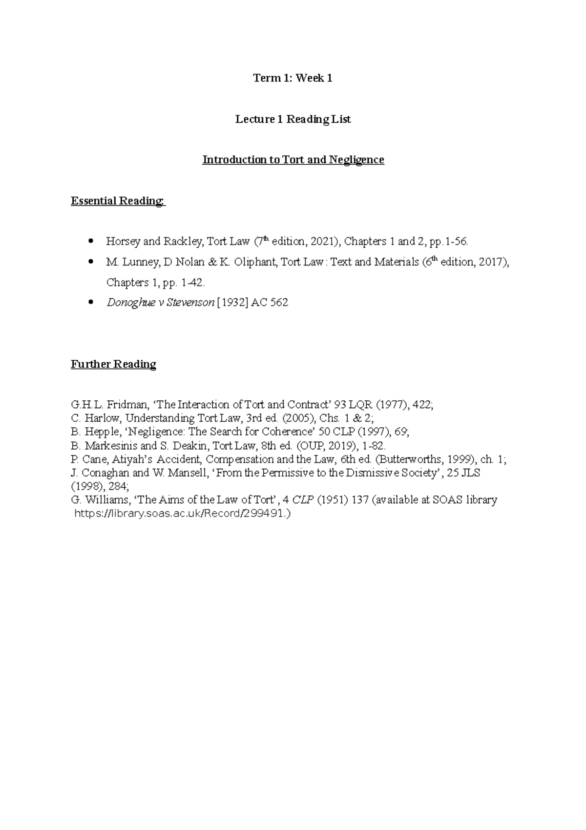 Reading list Introduction to tort and negligence - Term 1: Week 1 ...
