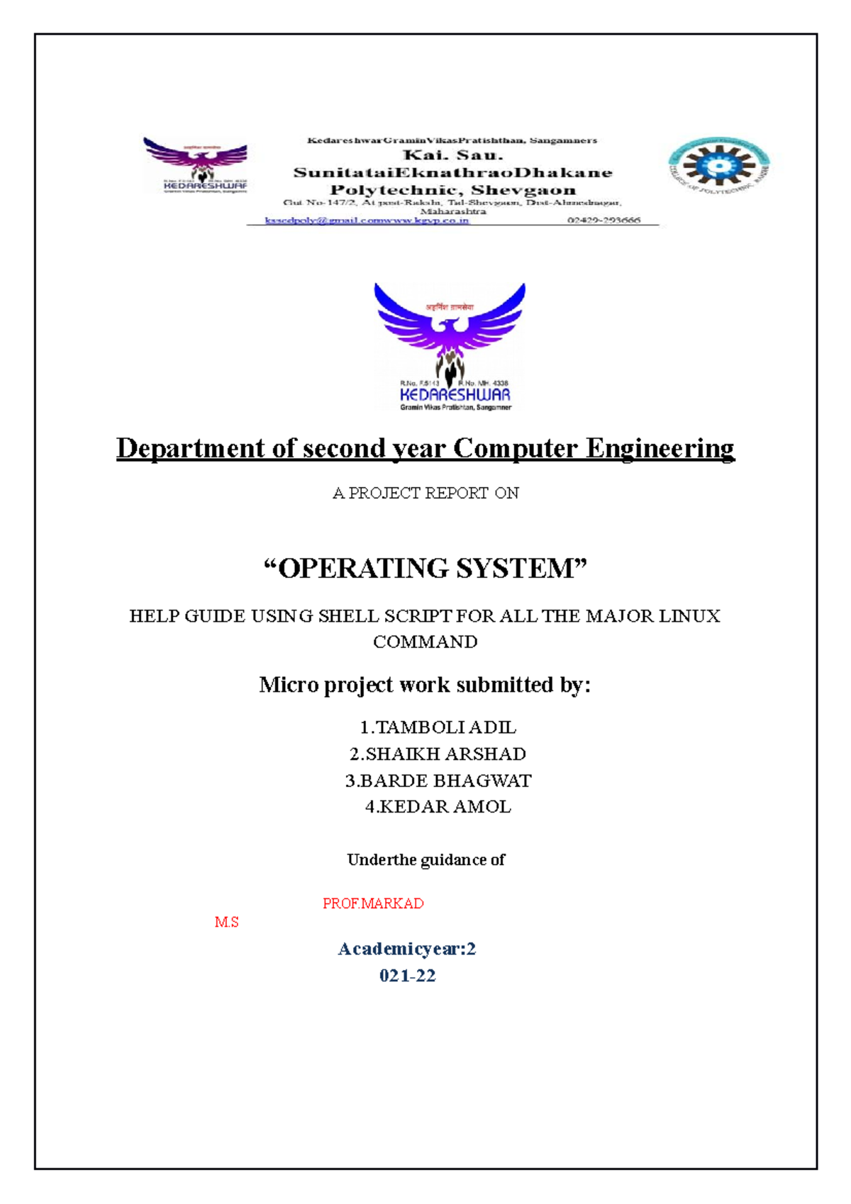 Osy Group No Microproject For Osy Department Of Second Year Computer Engineering A Project 