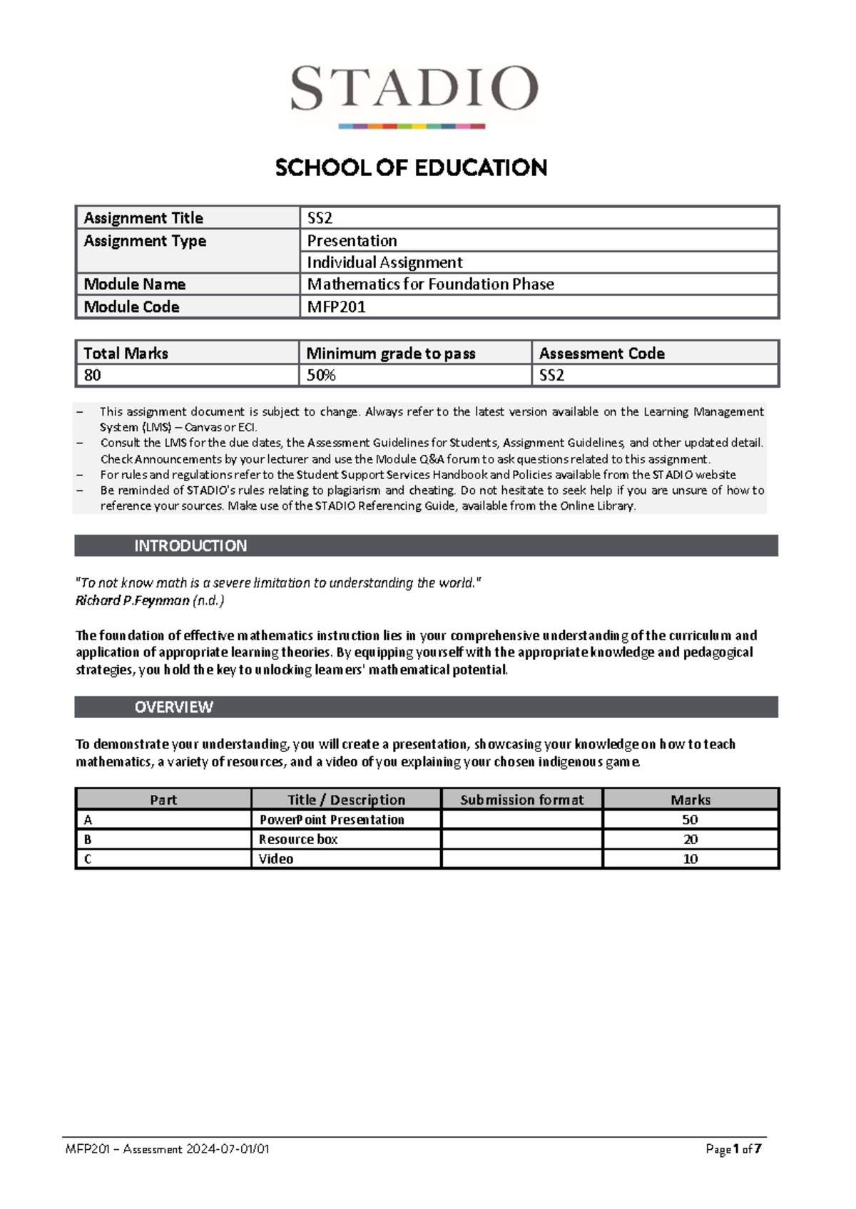 Stadio Assignment Template MFP201 SS2 2024 - SCHOOL OF EDUCATION ...