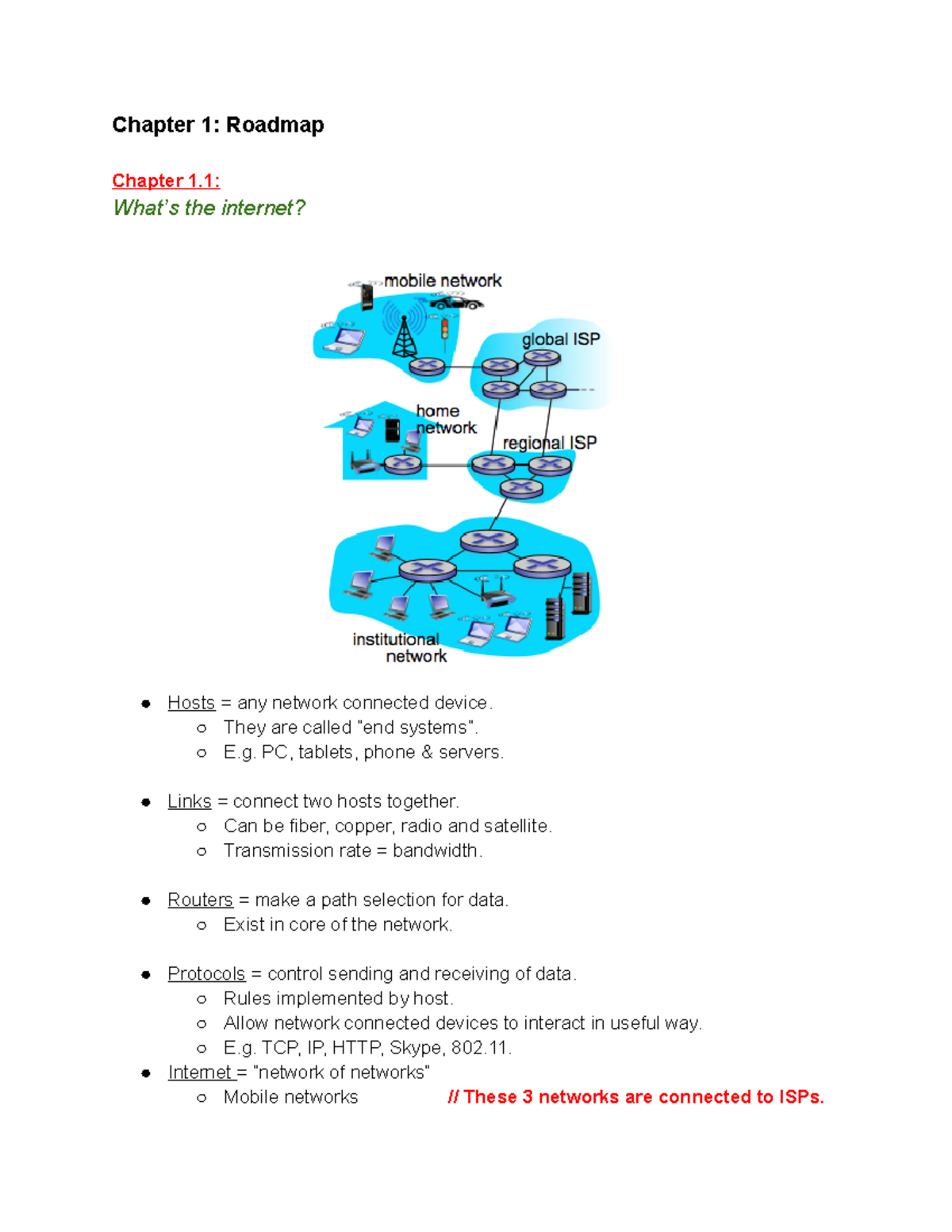 Notes - Chapter 1: Roadmap Chapter 1: What’s the internet? Hosts = any ...
