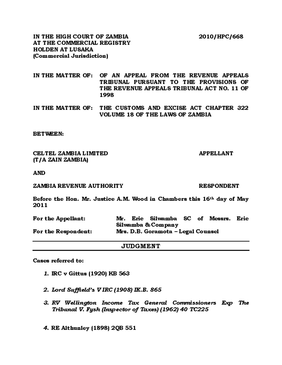 celtel v zra edited - IN THE HIGH COURT OF ZAMBIA 2010/HPC/ AT THE ...
