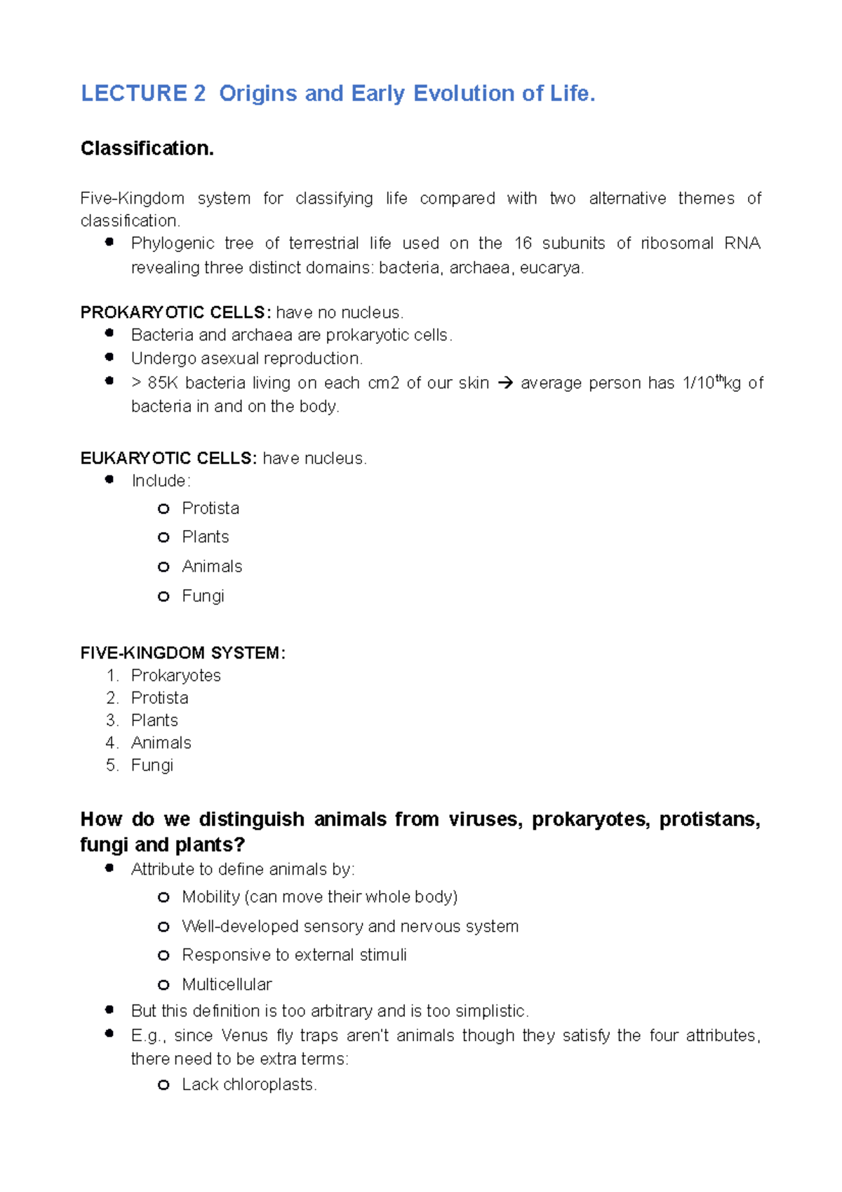 BIOS1101 Lecture Notes - LECTURE 2 Origins and Early Evolution of Life ...