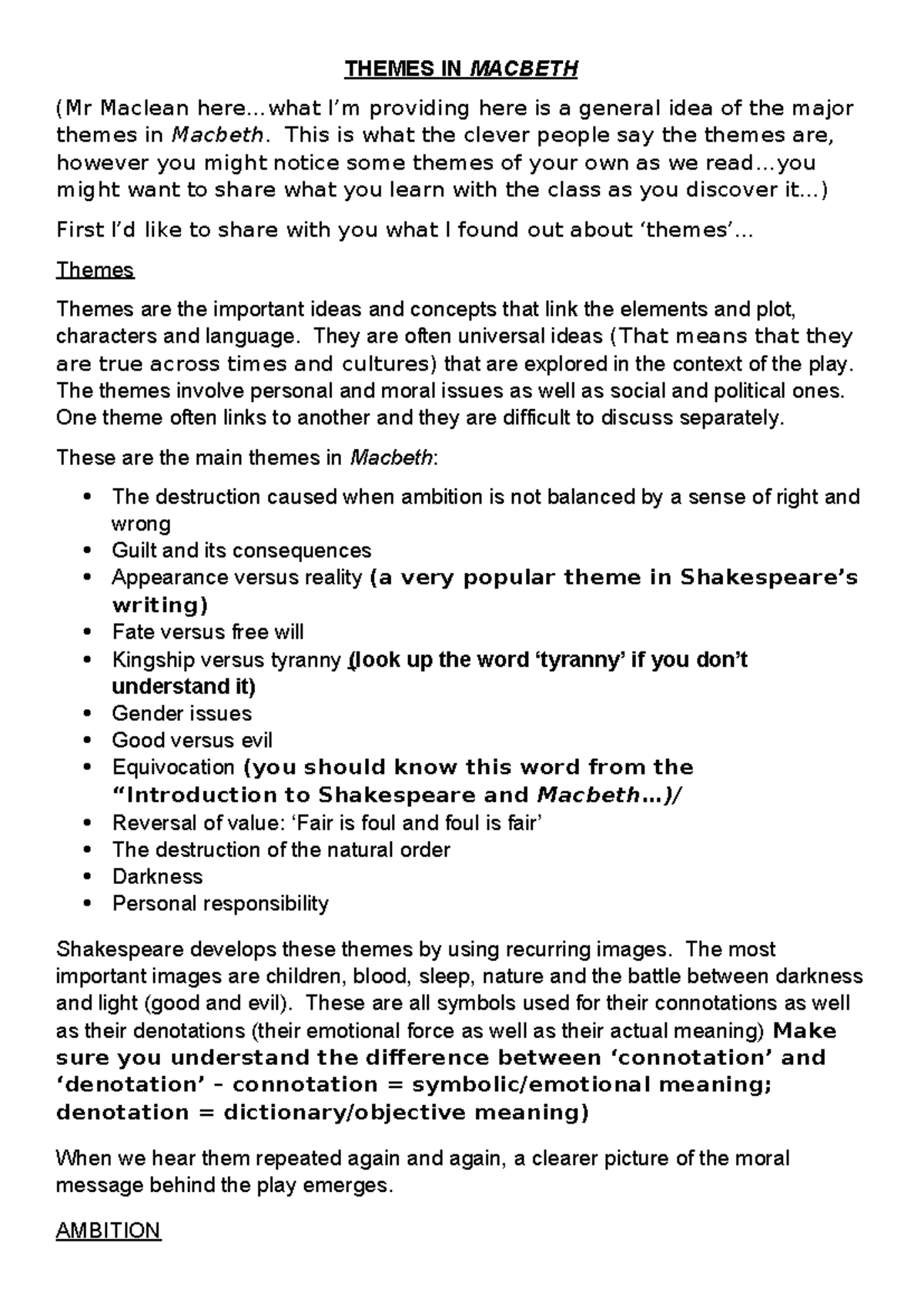 Themes IN Macbeth - Exam preparation set - THEMES IN MACBETH (Mr ...