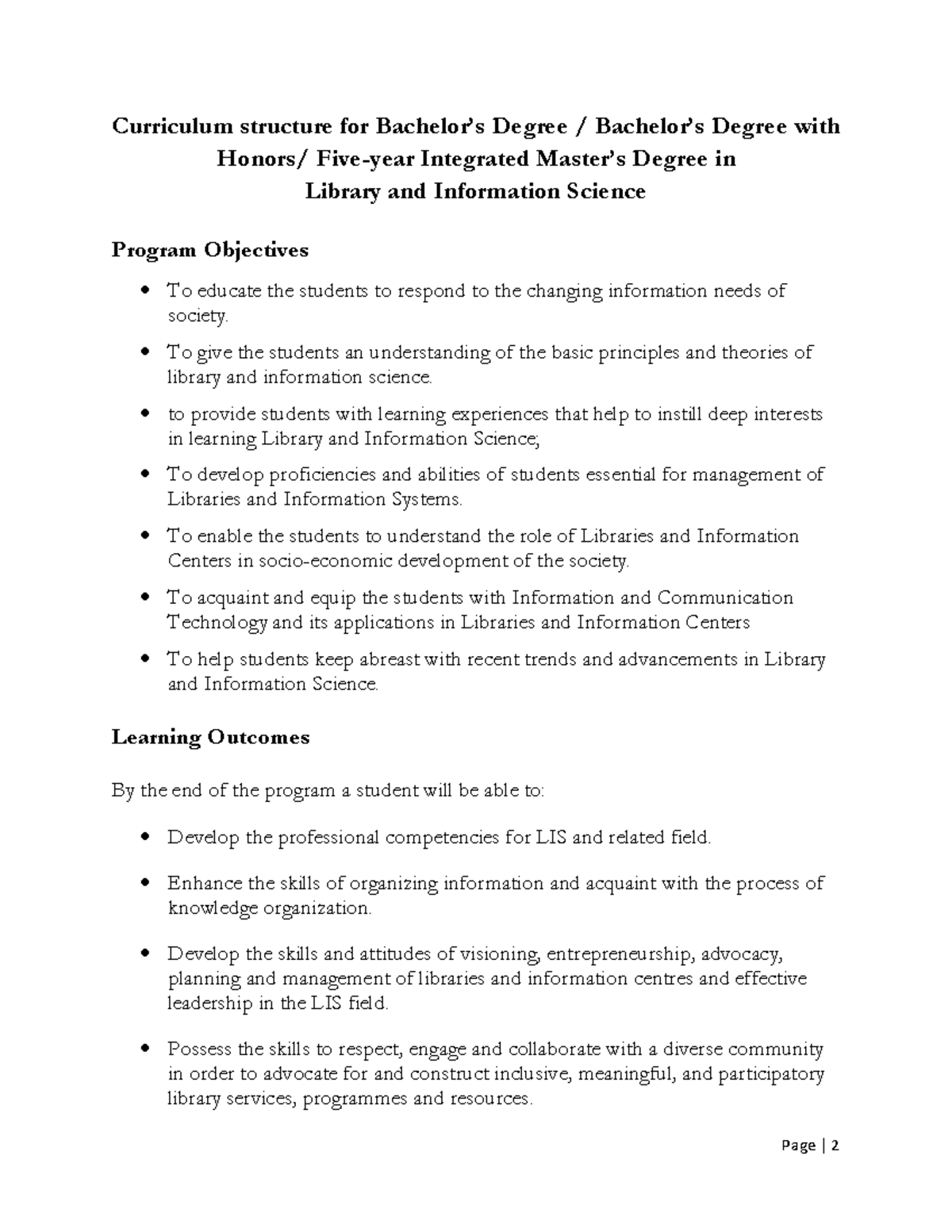 Library Science - Curriculum structure for Bachelor’s Degree / Bachelor ...