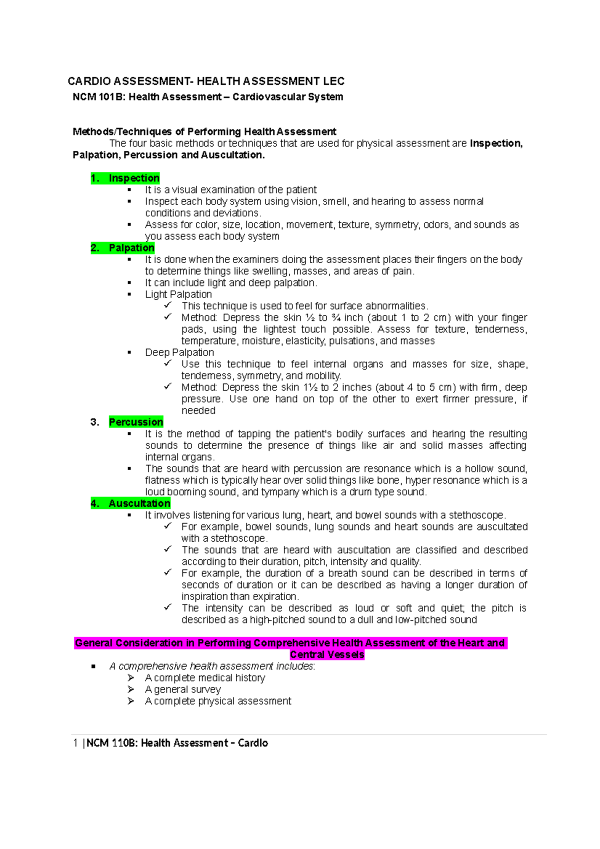 NCM 101A Lec HA Cardio Manual c - 1 |NCM 110B: Health Assessment – Cardio NCM 101B: Health - Studocu