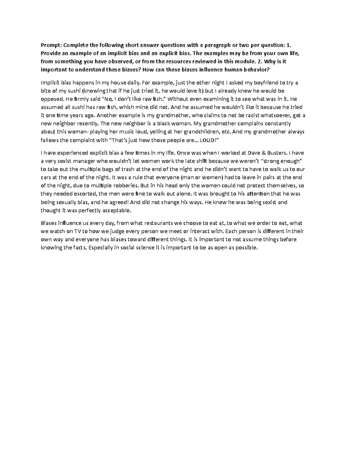 SCS 100- Explicit & implicit bias - Prompt: Complete the following ...