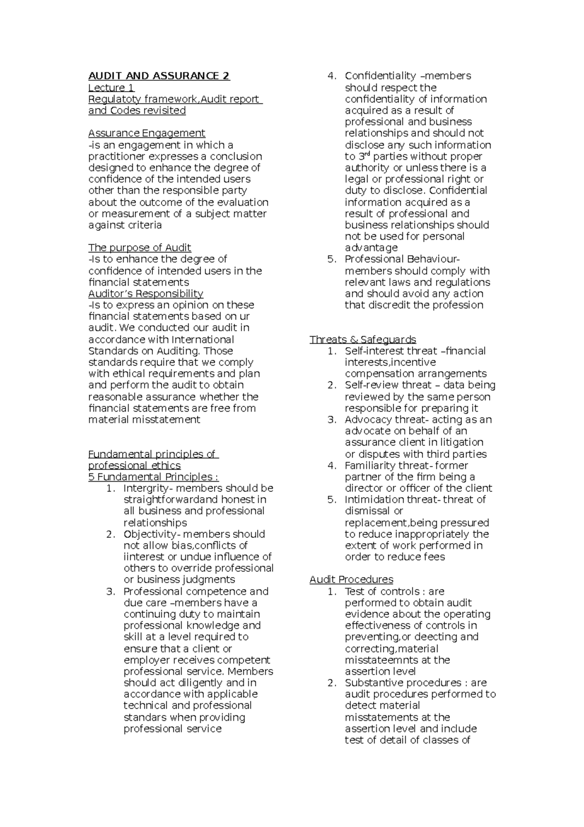 Audit notes - NOTAAAA - AUDIT AND ASSURANCE 2 Lecture 1 Regulatoty ...