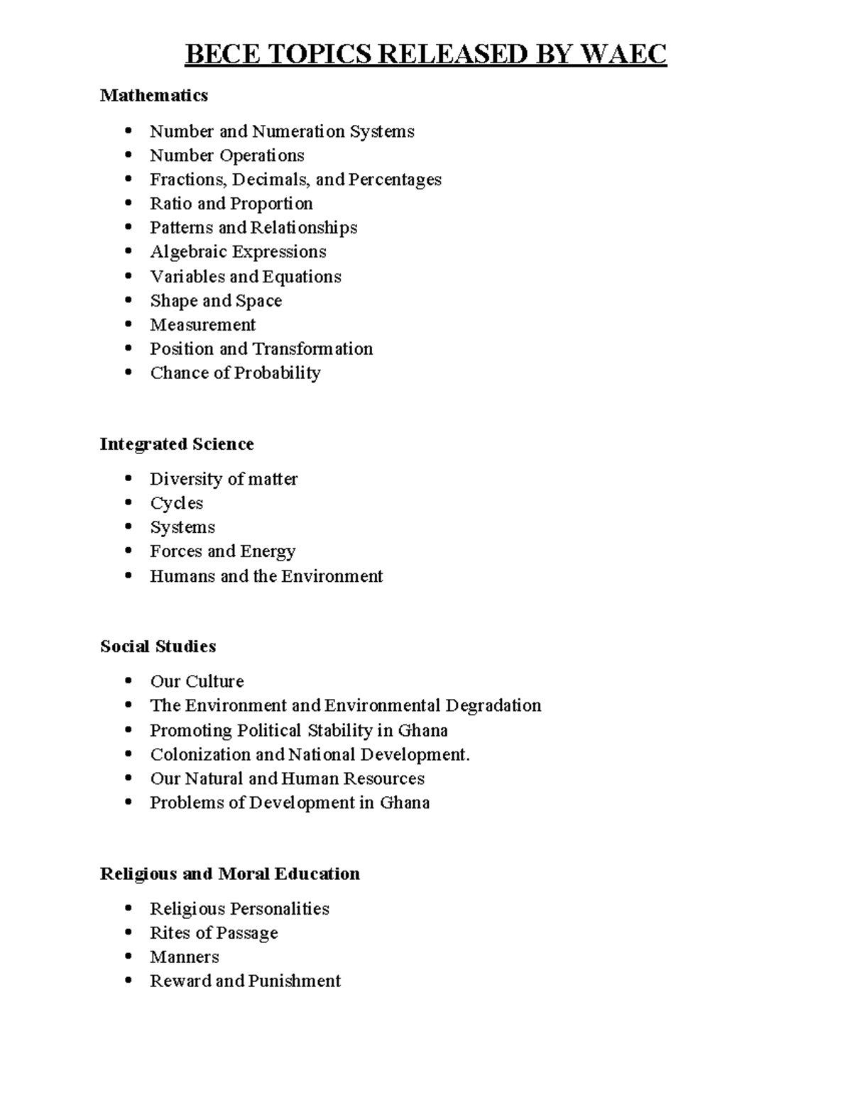 BECE Topics Released BY WAEC - BECE TOPICS RELEASED BY WAEC Mathematics ...