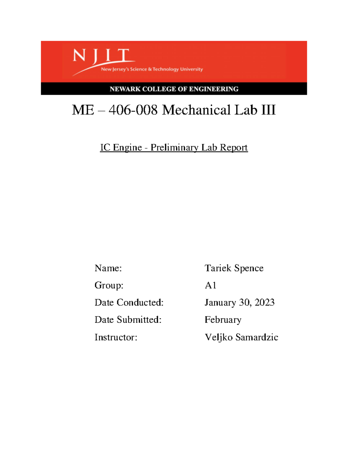 Engine Preliminary Report - ME – 406-008 Mechanical Lab III IC Engine ...