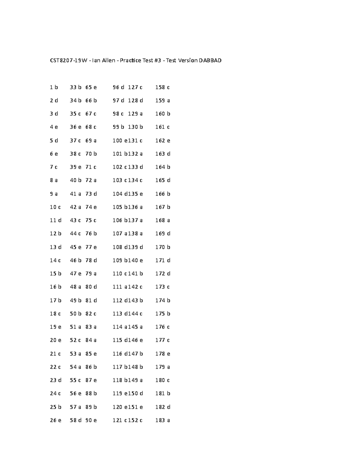Practice Test 3 Answers Sheet CST8207 19W Ian Allen Practice Test