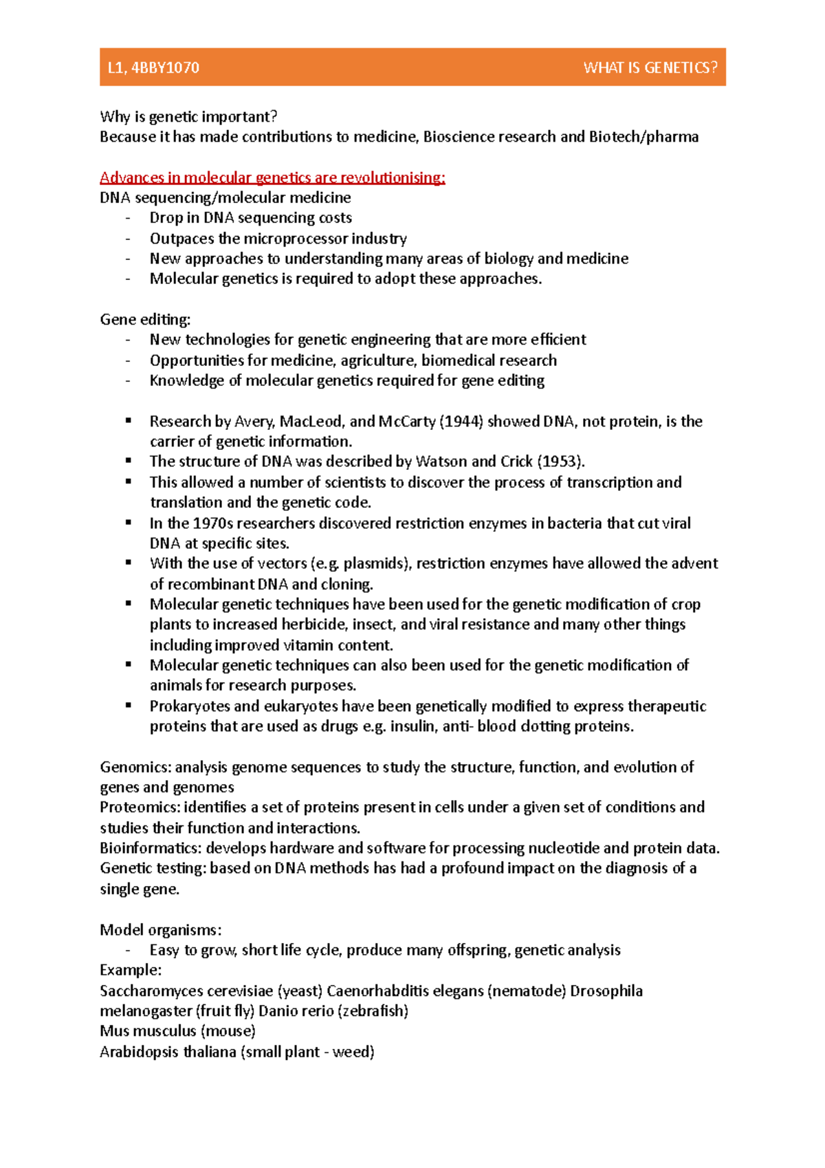 L1- What is genetics - Lecture notes 1 - L1, 4BBY1070 WHAT IS GENETICS ...