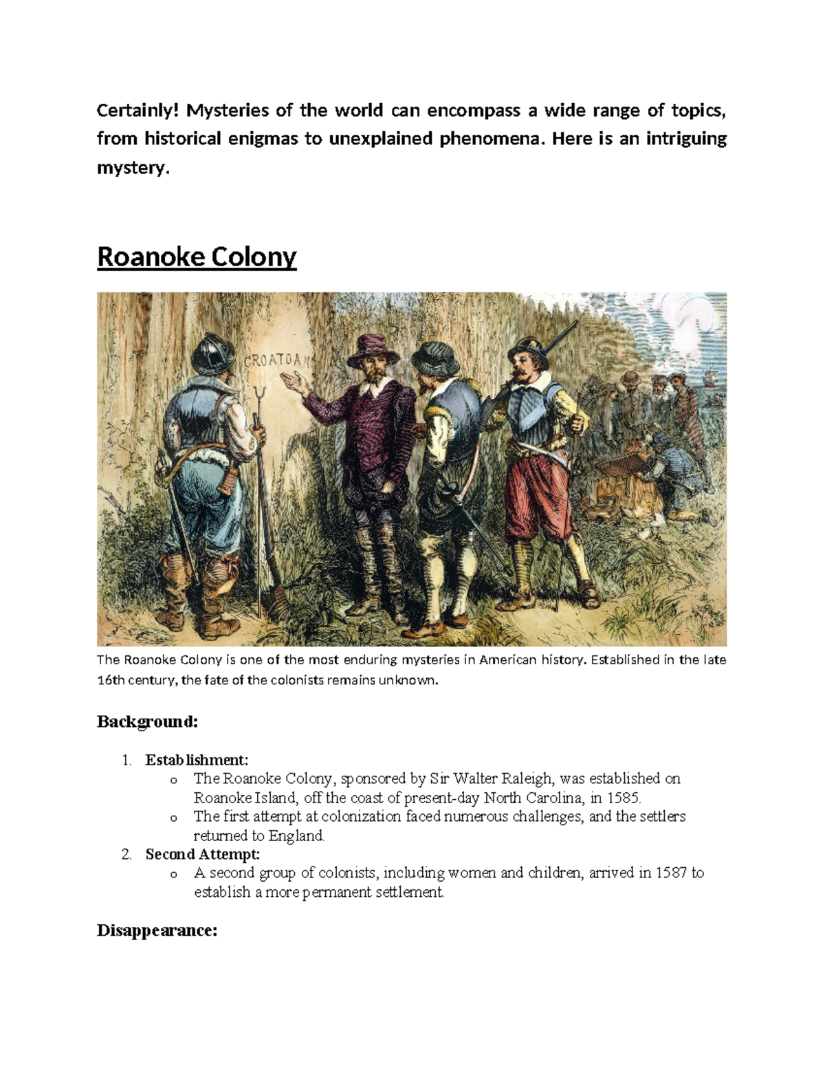 Roanoke Colony Lost - Certainly! Mysteries of the world can encompass a ...