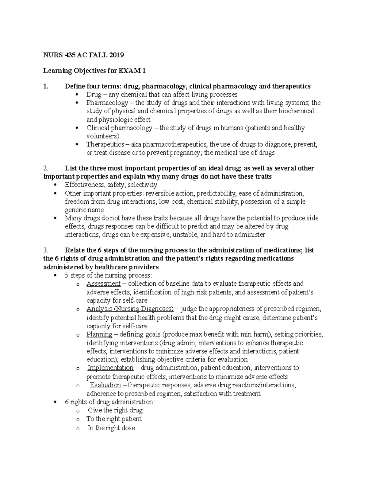 Exam 1 Aggregated Objectives - NURS 435 AC FALL 2019 Learning ...