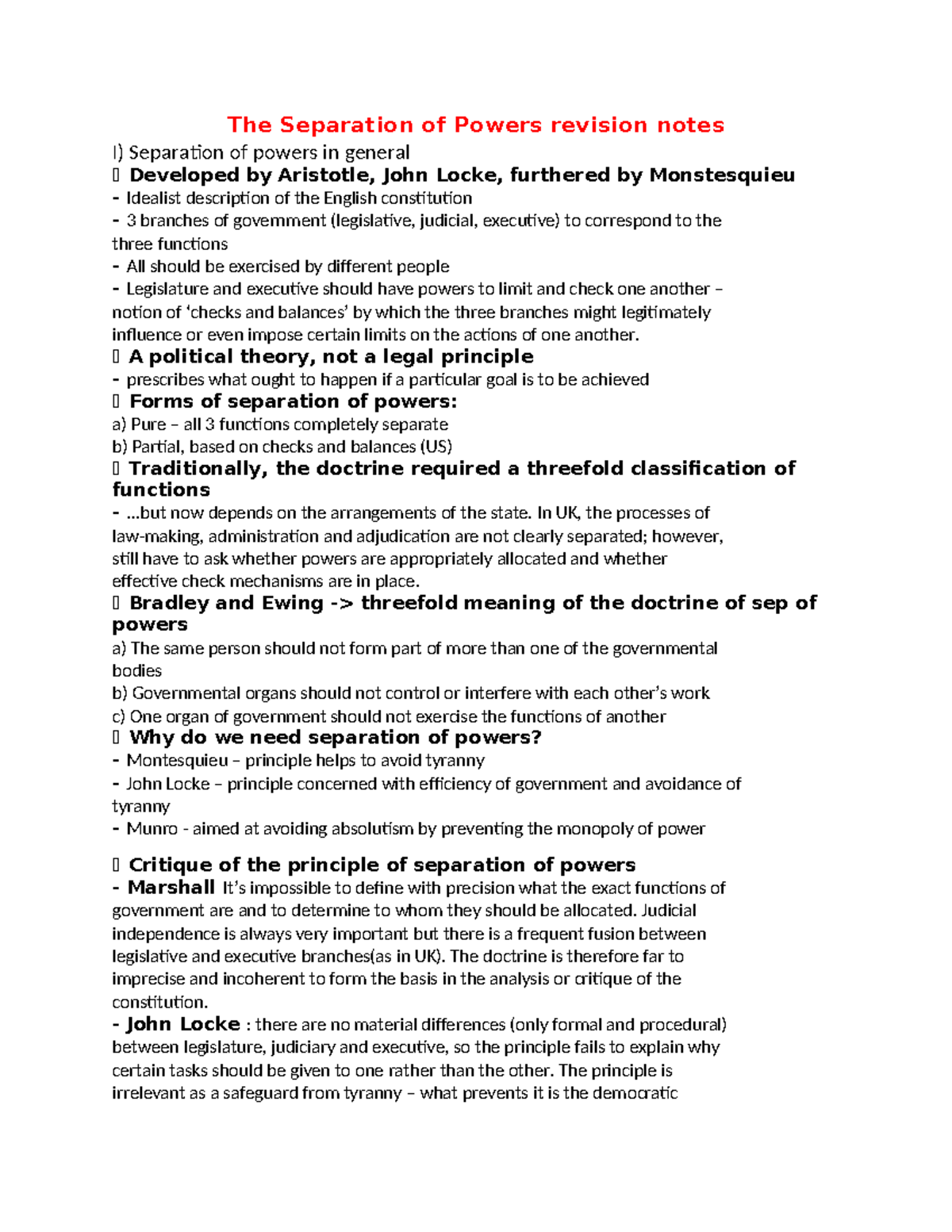 Separation of Powers Revision Notes - A political theory, not a legal ...