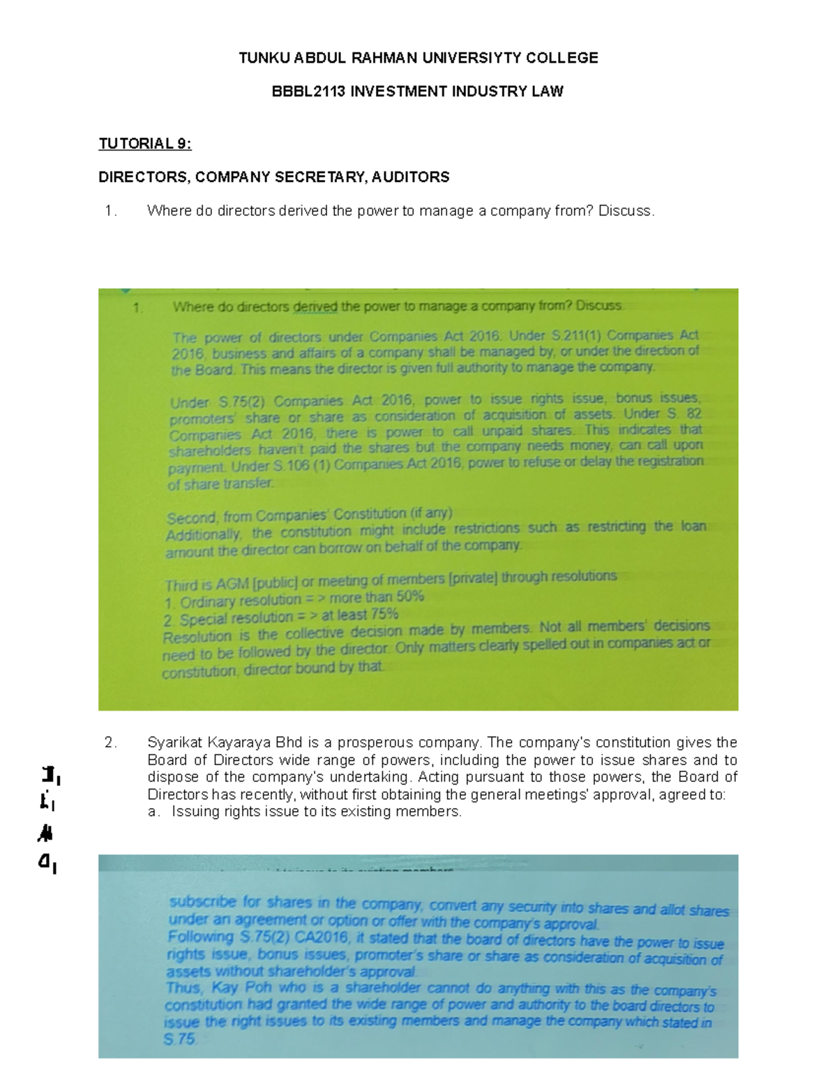 Tutorial 9 - BBBL2113 INVESTMENT INDUSTRY LAW - BBBL2113 INVESTMENT ...