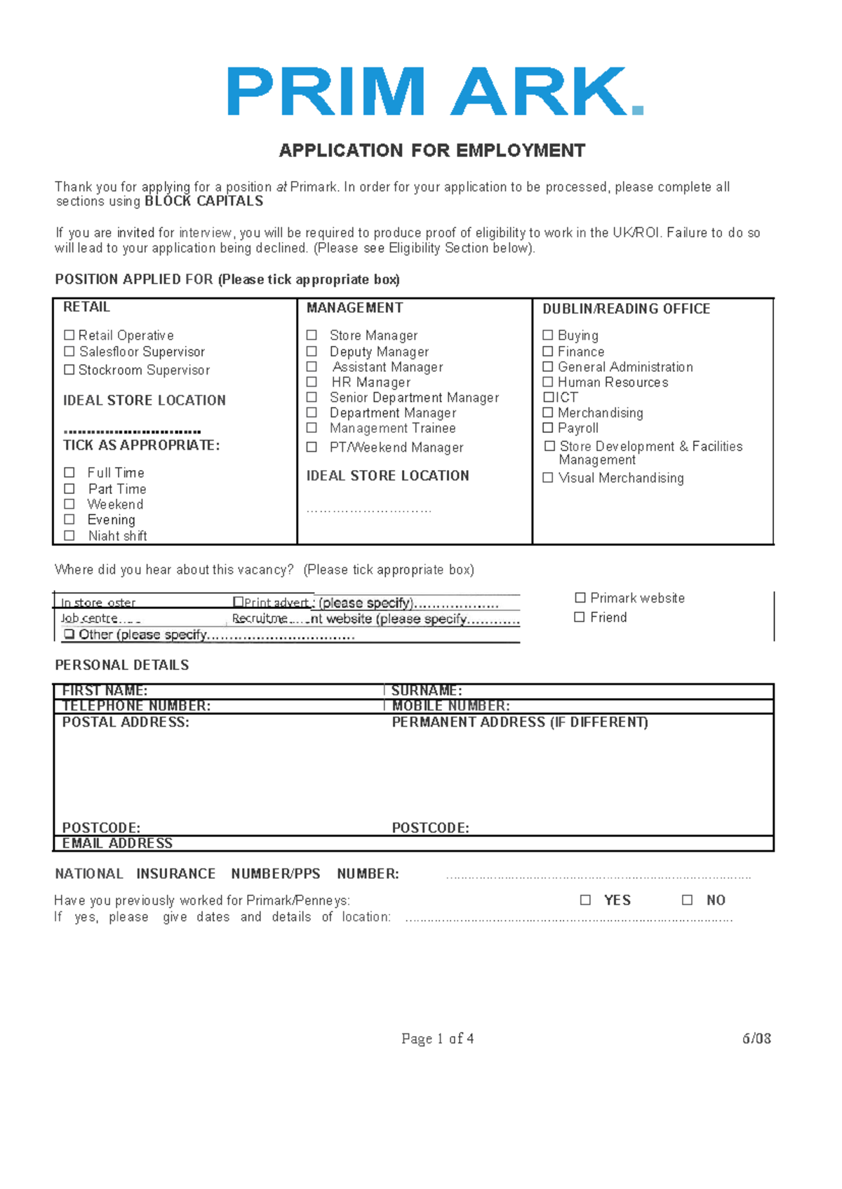 Primark job application form - PRIM ARK. APPLICATION FOR EMPLOYMENT ...
