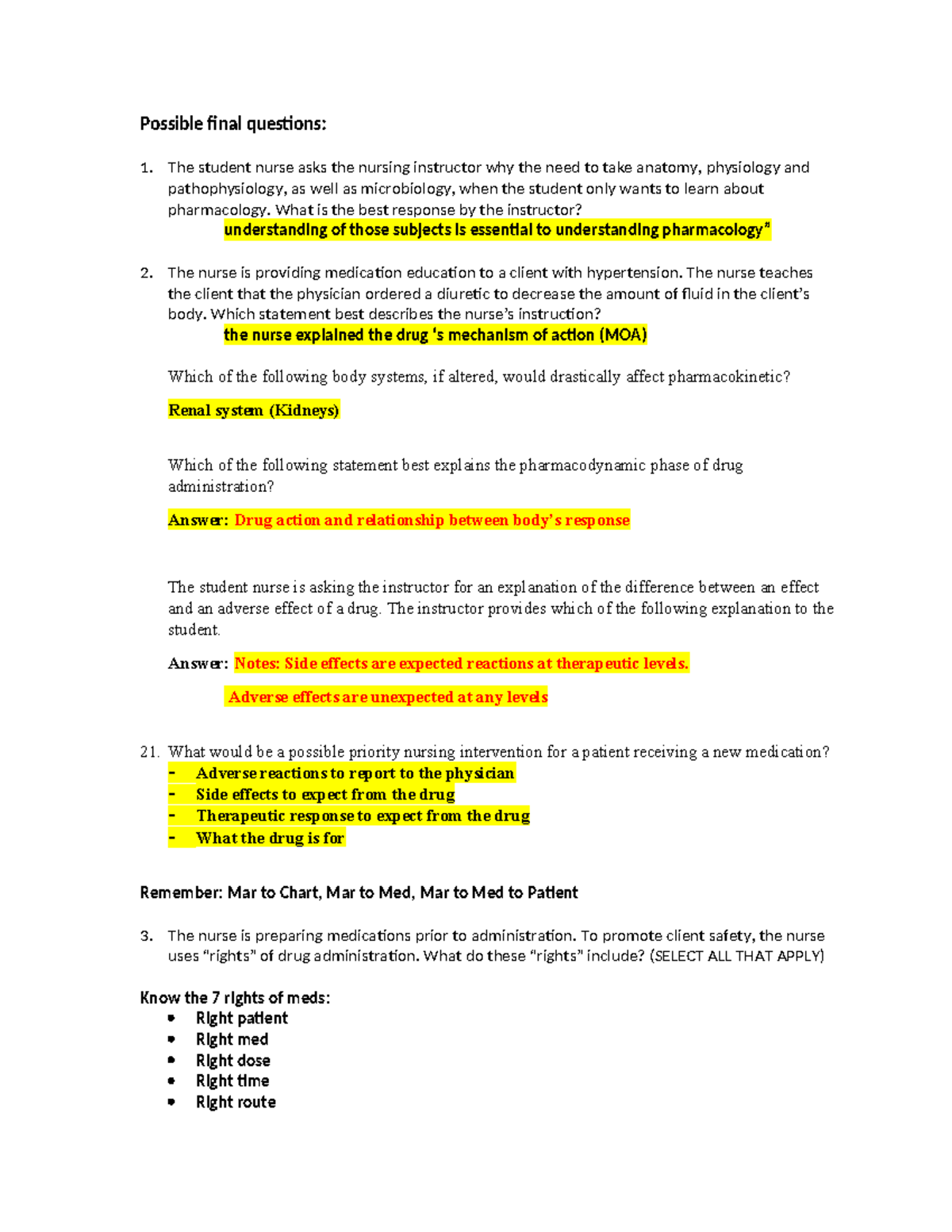 Pharm Final Tutoring - Possible final questions: The student nurse asks ...