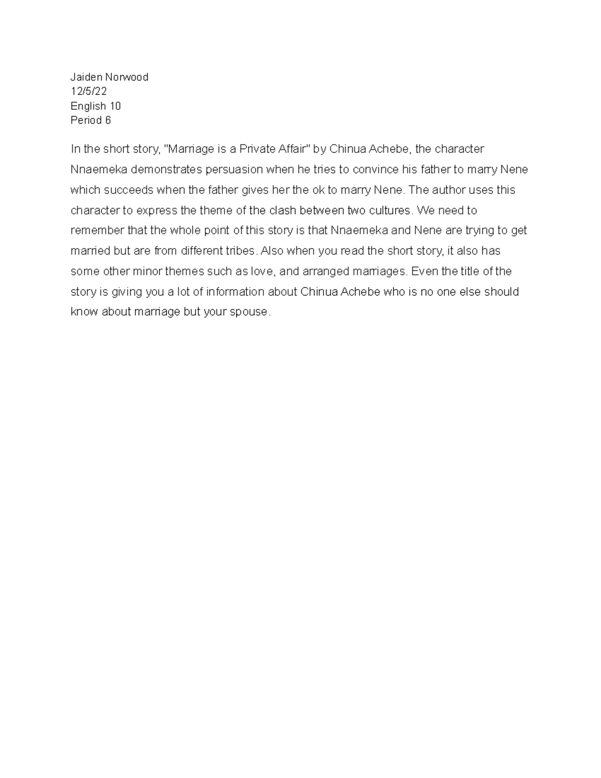 Marriage is a Private Affair AXES Paragraph - Jaiden Norwood 12/5 ...