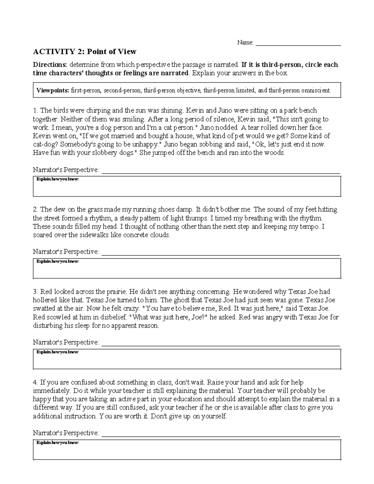 Activity 2 - POV - Name: ____________________________ ACTIVITY 2: Point ...