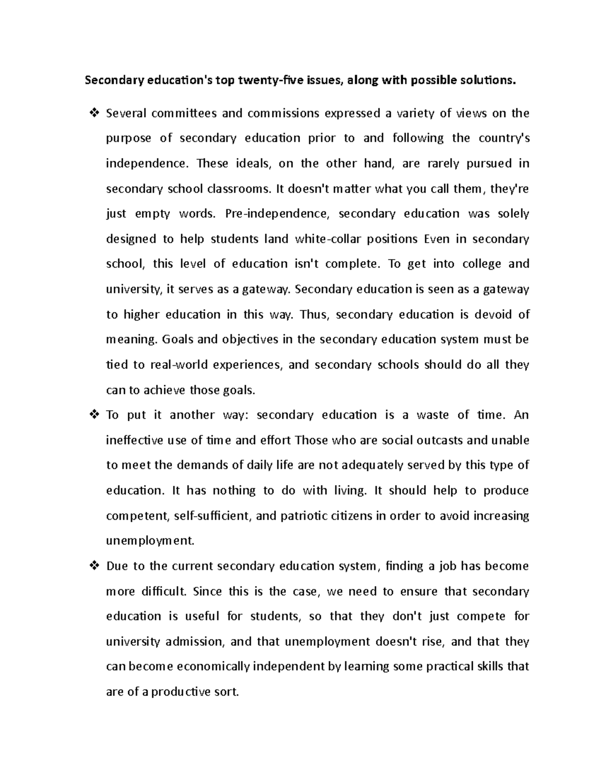 Problem of secondary education and its possible remedies - Fundamentals ...