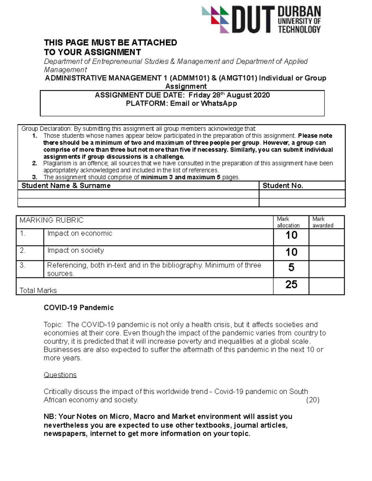 Admin Man 1 Assignment 2 - THIS PAGE MUST BE ATTACHED TO YOUR ...