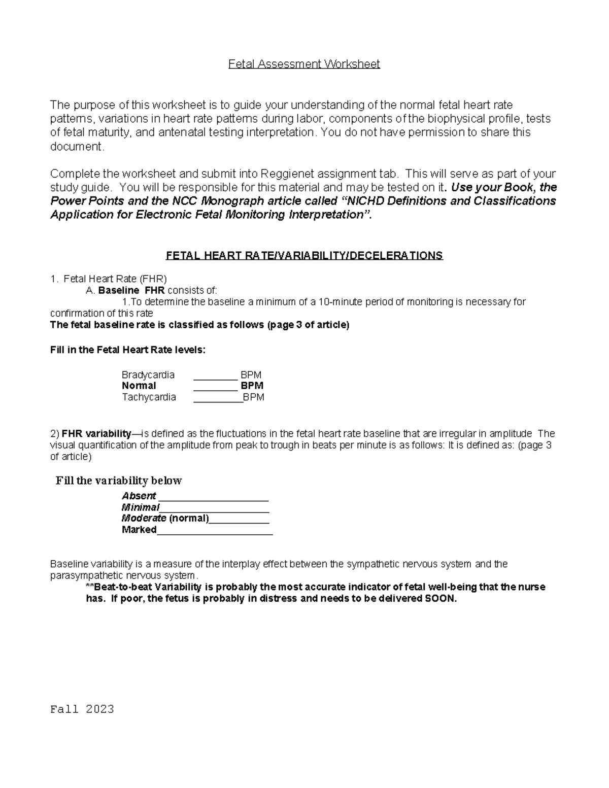 Fetal Assessment Worksheet Revised Fall 2023-1 - Fetal Assessment ...