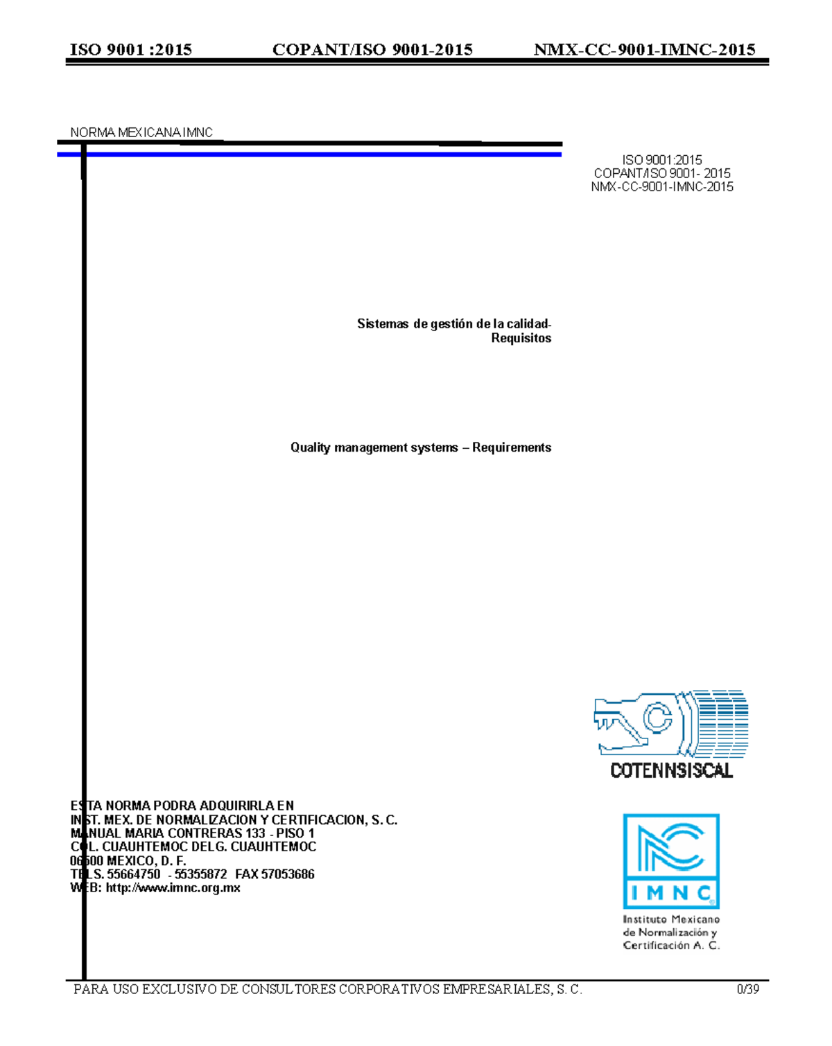 ISO 9001 2015 Sistema DE Gestión DE Calidad - NORMA MEXICANA IMNC ISO ...