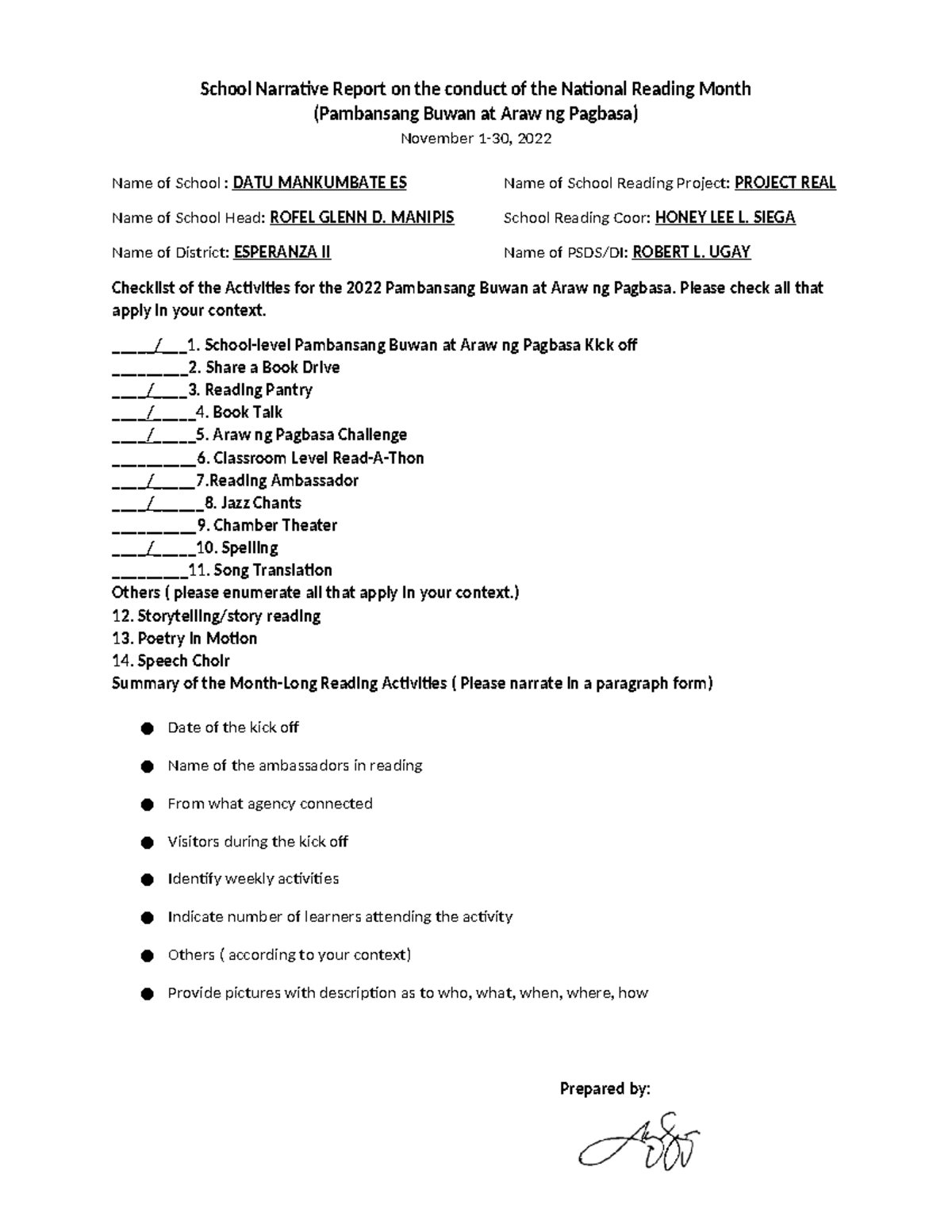 Narrative Reading Month 2022 - School Narrative Report on the conduct ...