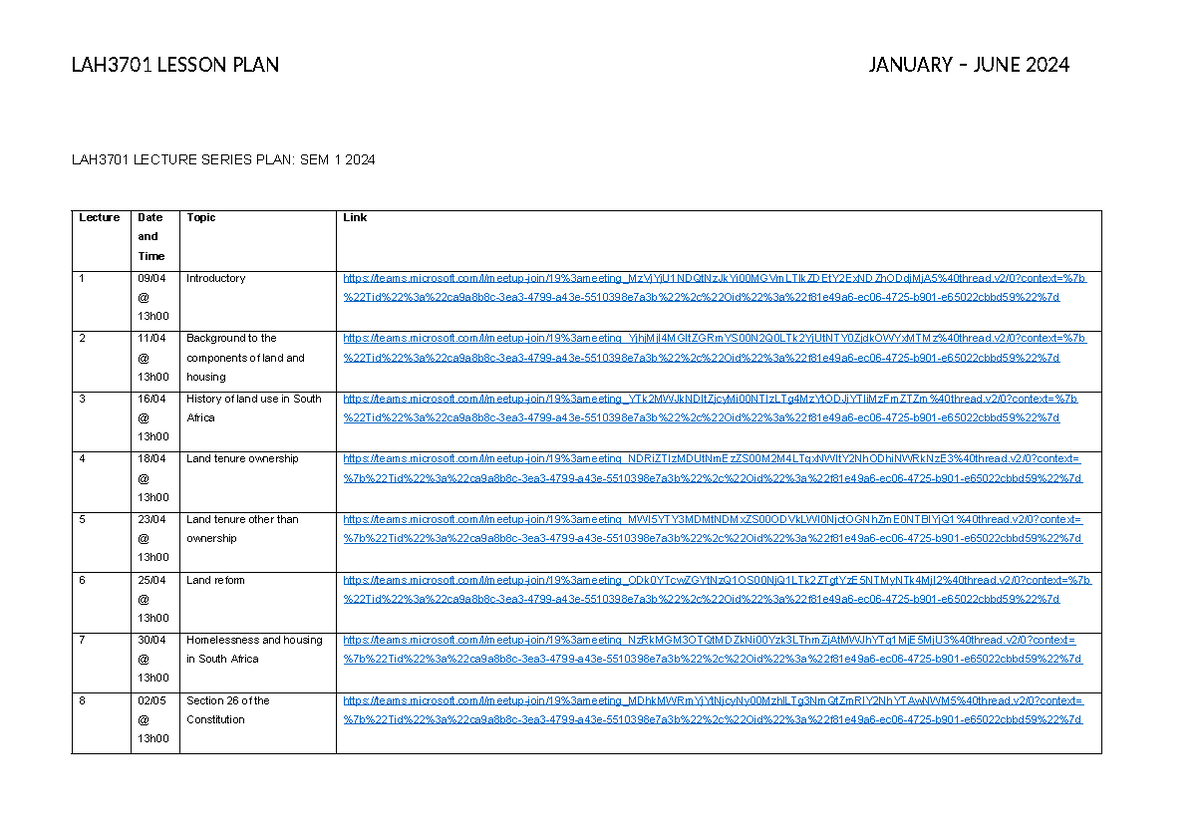 LAH3701 Lecture Series PLAN SEM 1 2024 - LAH3701 LESSON PLAN JANUARY ...