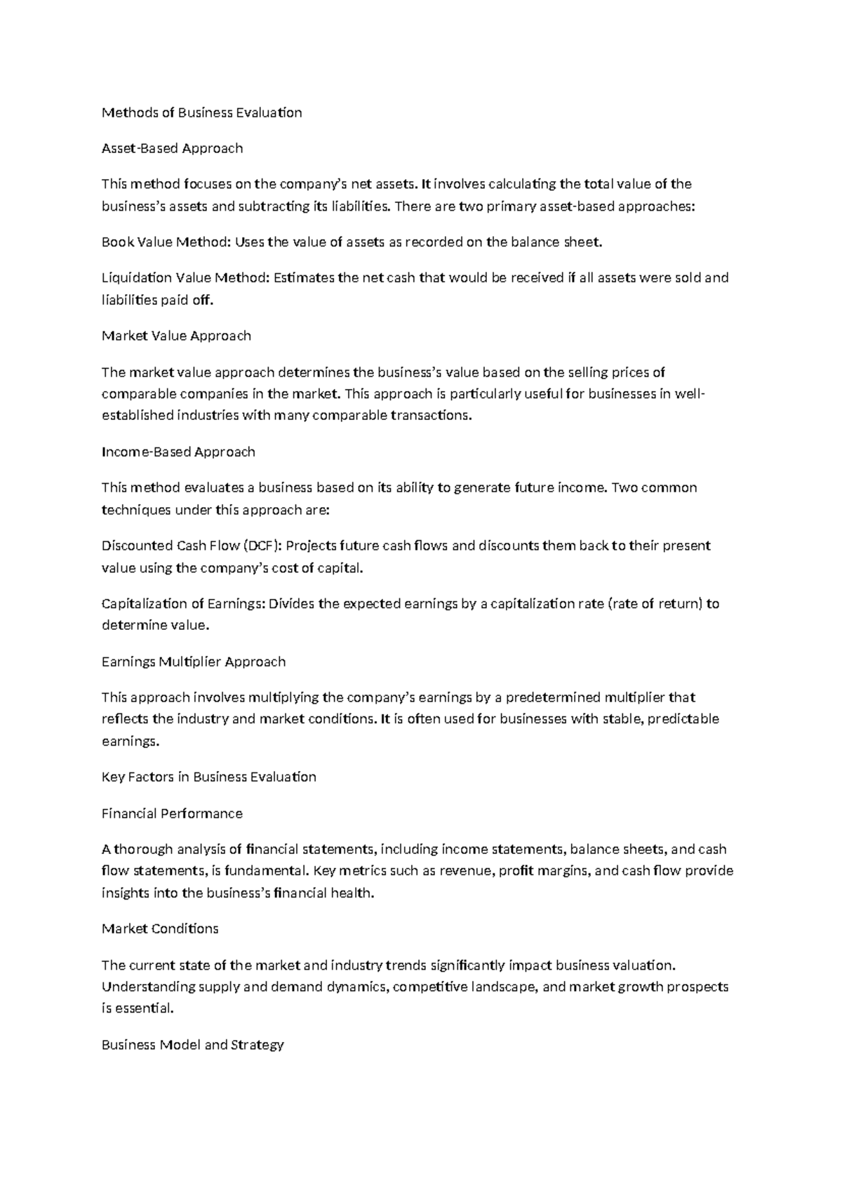 Methods of Business Evaluation - Methods of Business Evaluation Asset ...