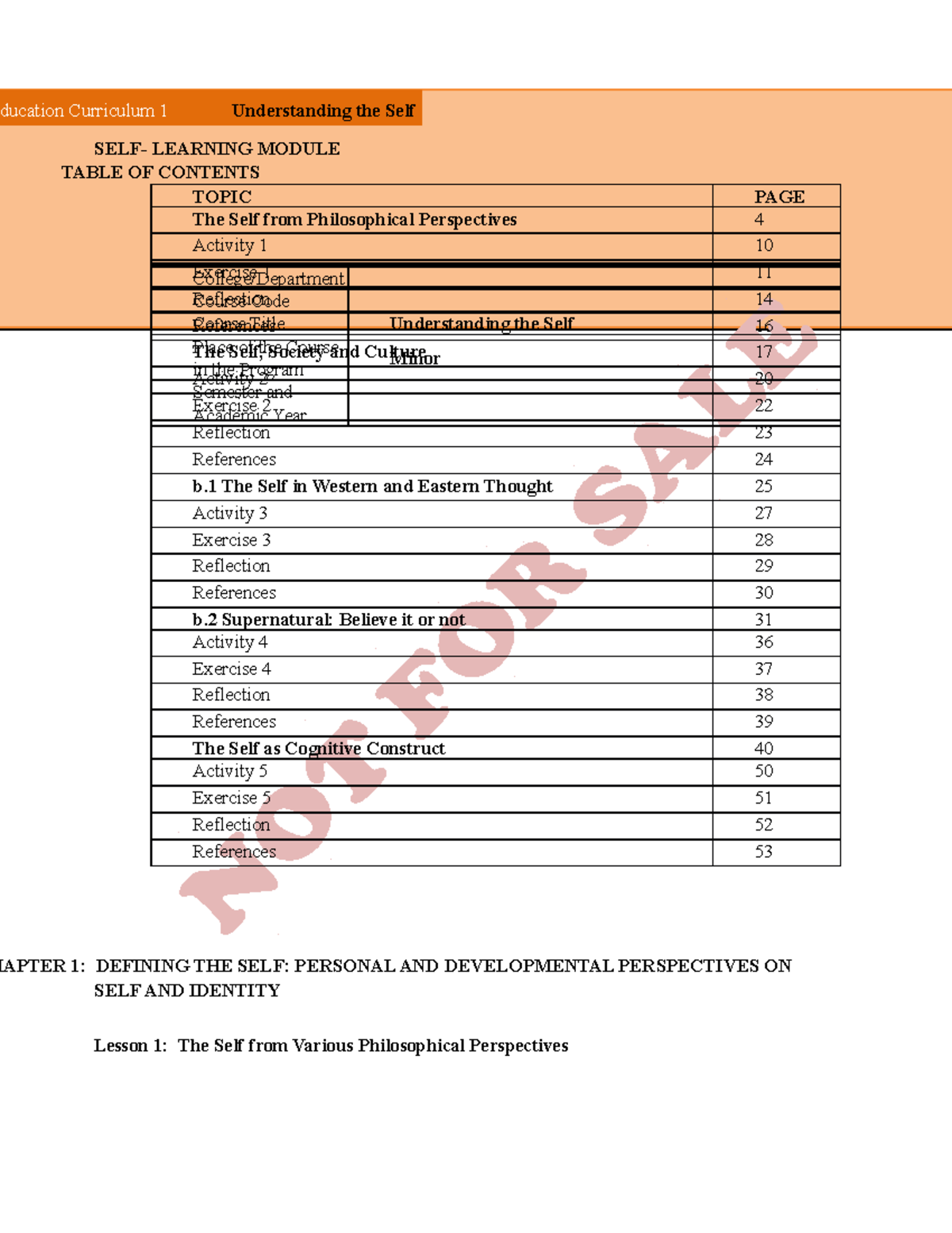 Module - UTS - Education Curriculum 1 Understanding the Self SELF- LEARNING MODULE TABLE OF ...