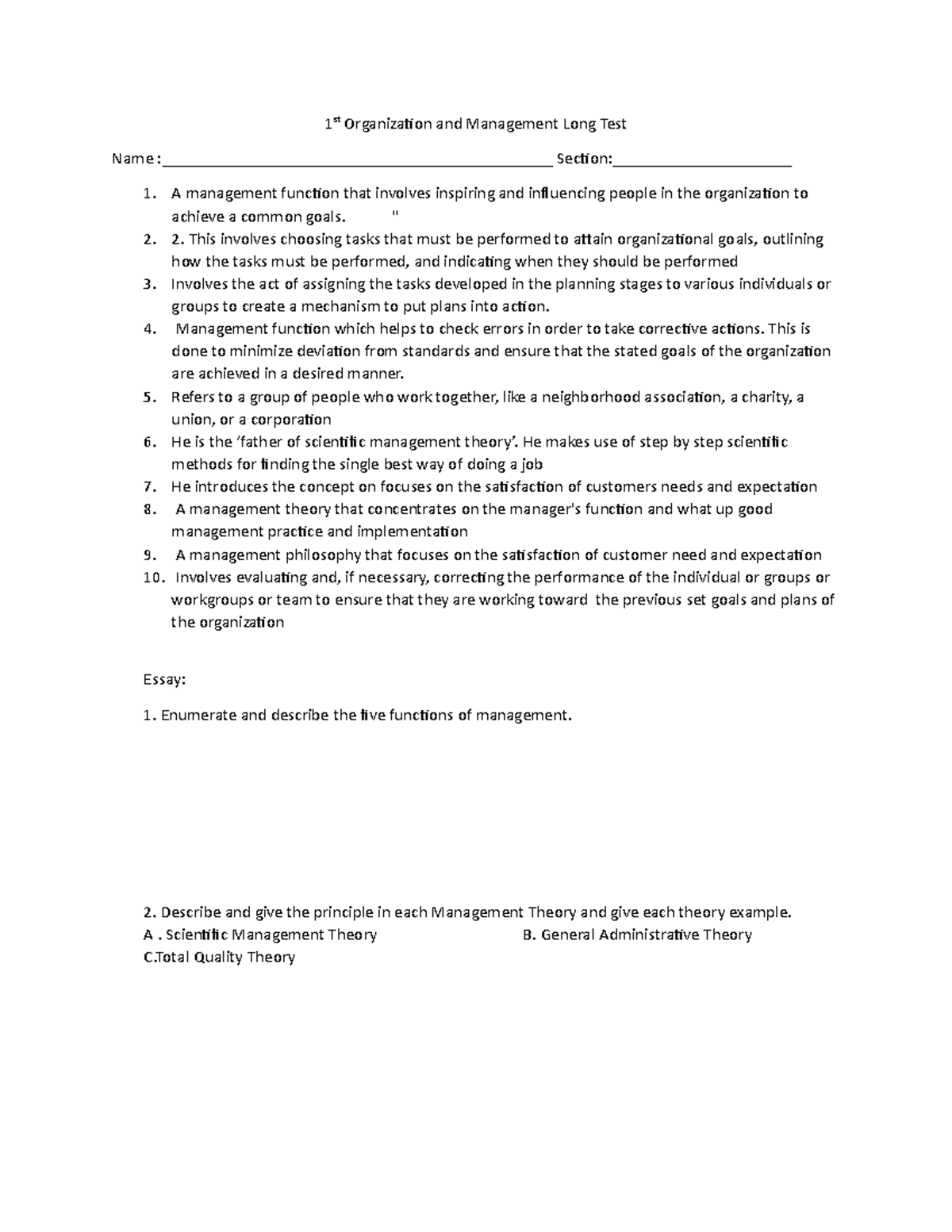 1st Long Test - 1 st Organizaion and Management Long Test Name - Studocu
