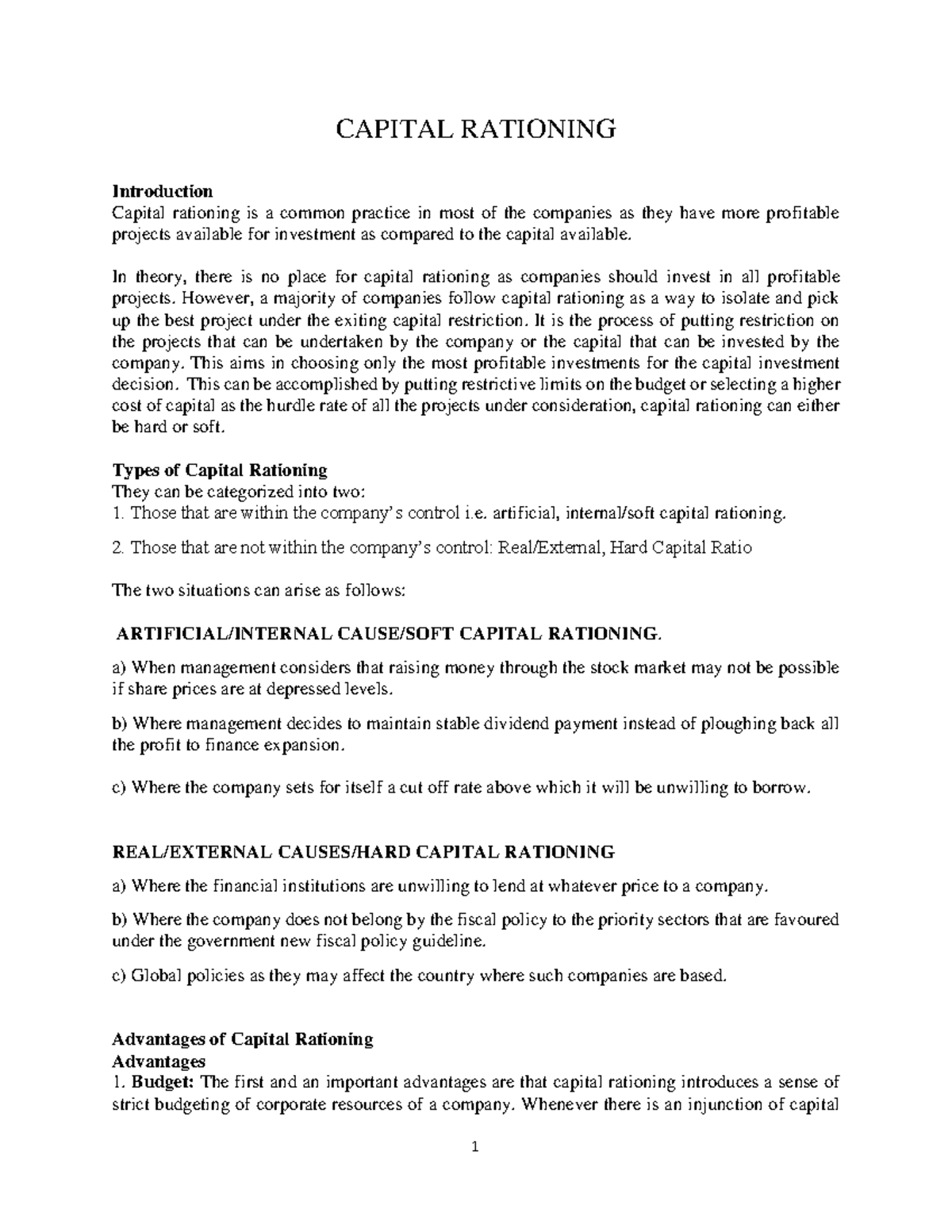 Capital Rationing Notes - CAPITAL RATIONING Introduction Capital ...