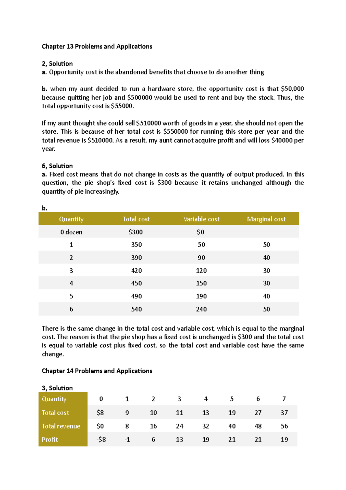Week5 - economic - Chapter 13 Problems and Applications 2, Solution a. Opportunity cost is the ...