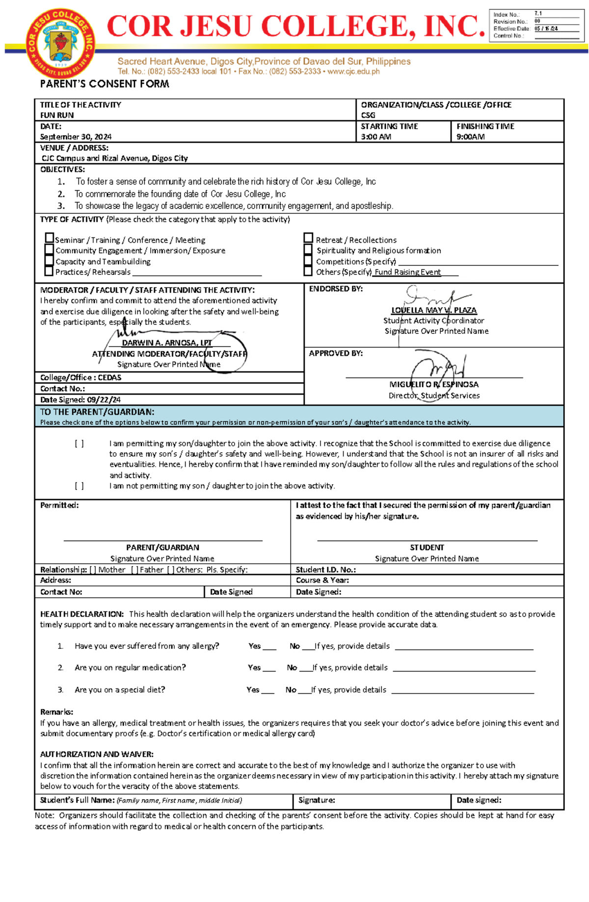 Fun Run Parents-Consent - PARENT’S CONSENT FORM TITLE OF THE ACTIVITY ...