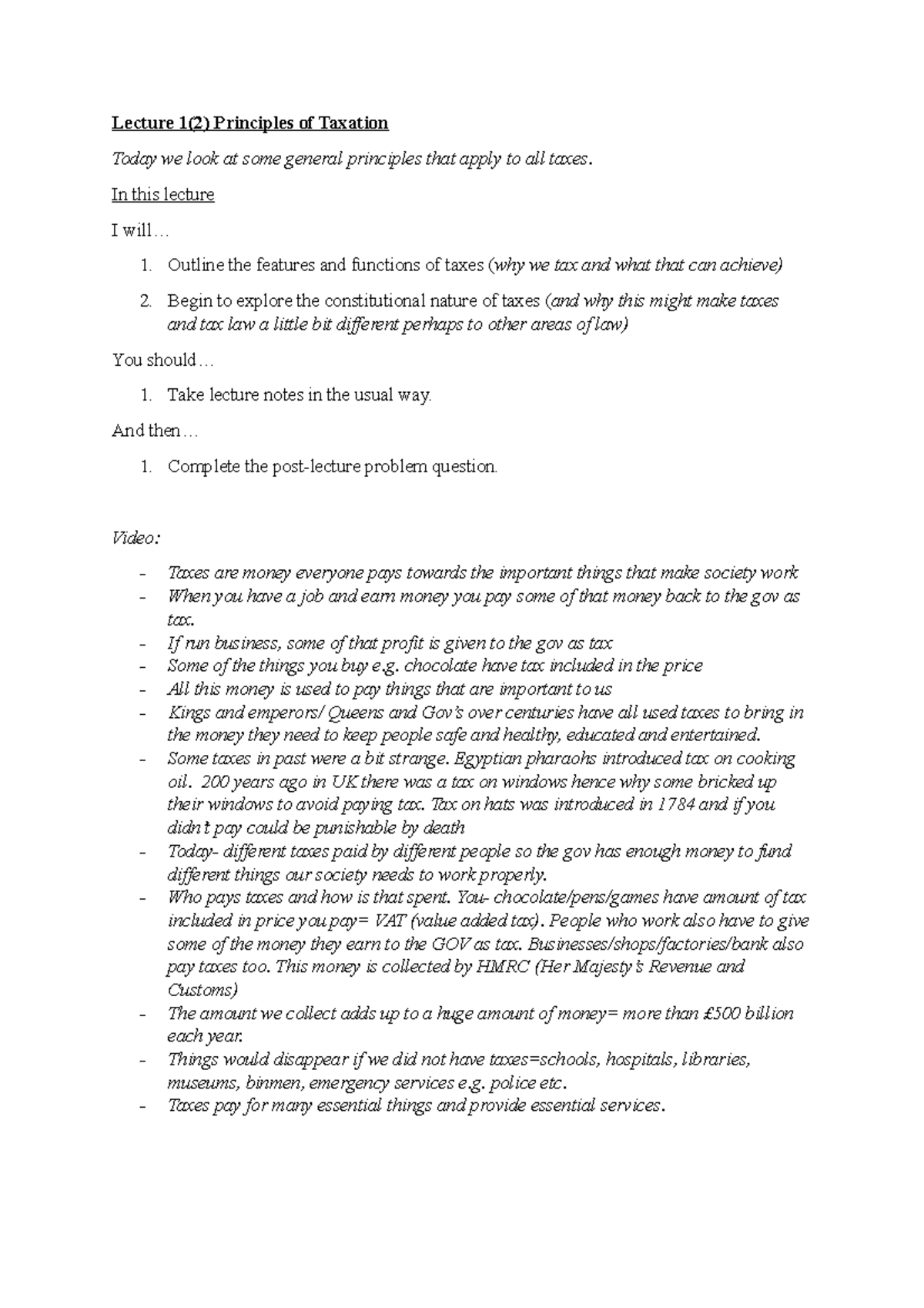 Lecture 1(2) notes - Intro to tax - Lecture 1(2) Principles of Taxation ...