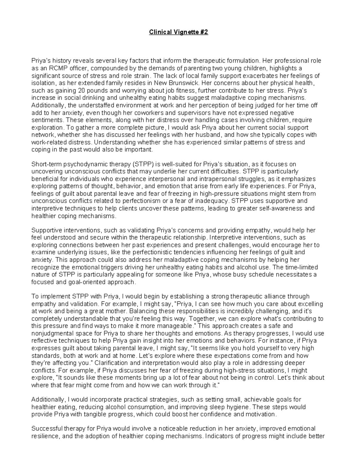 Clinical Vignette #2 - clinical psych - Clinical Vignette # Priya’s ...